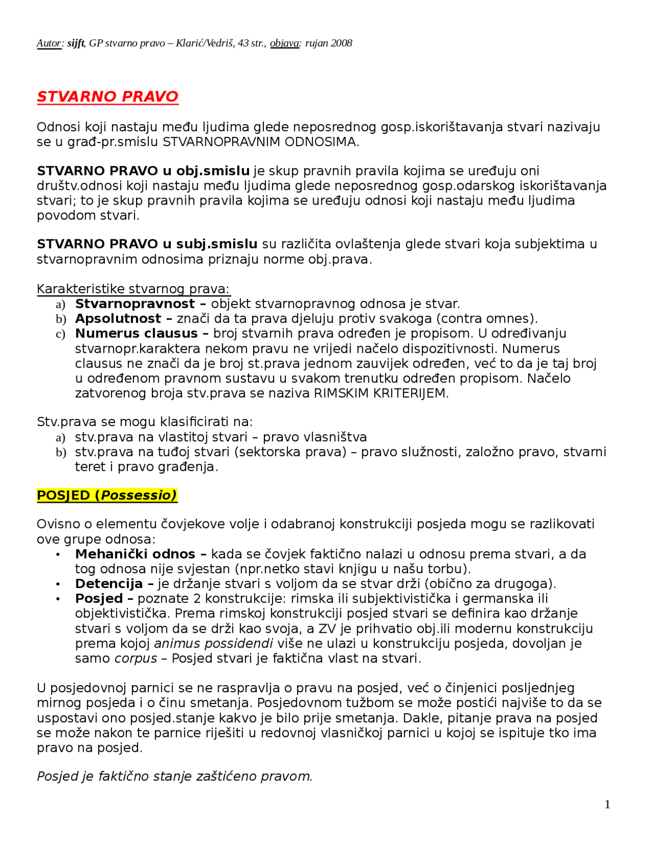 Skripta Stvarno Pravo Rezime Predlog Stvarno Pravo Docsity