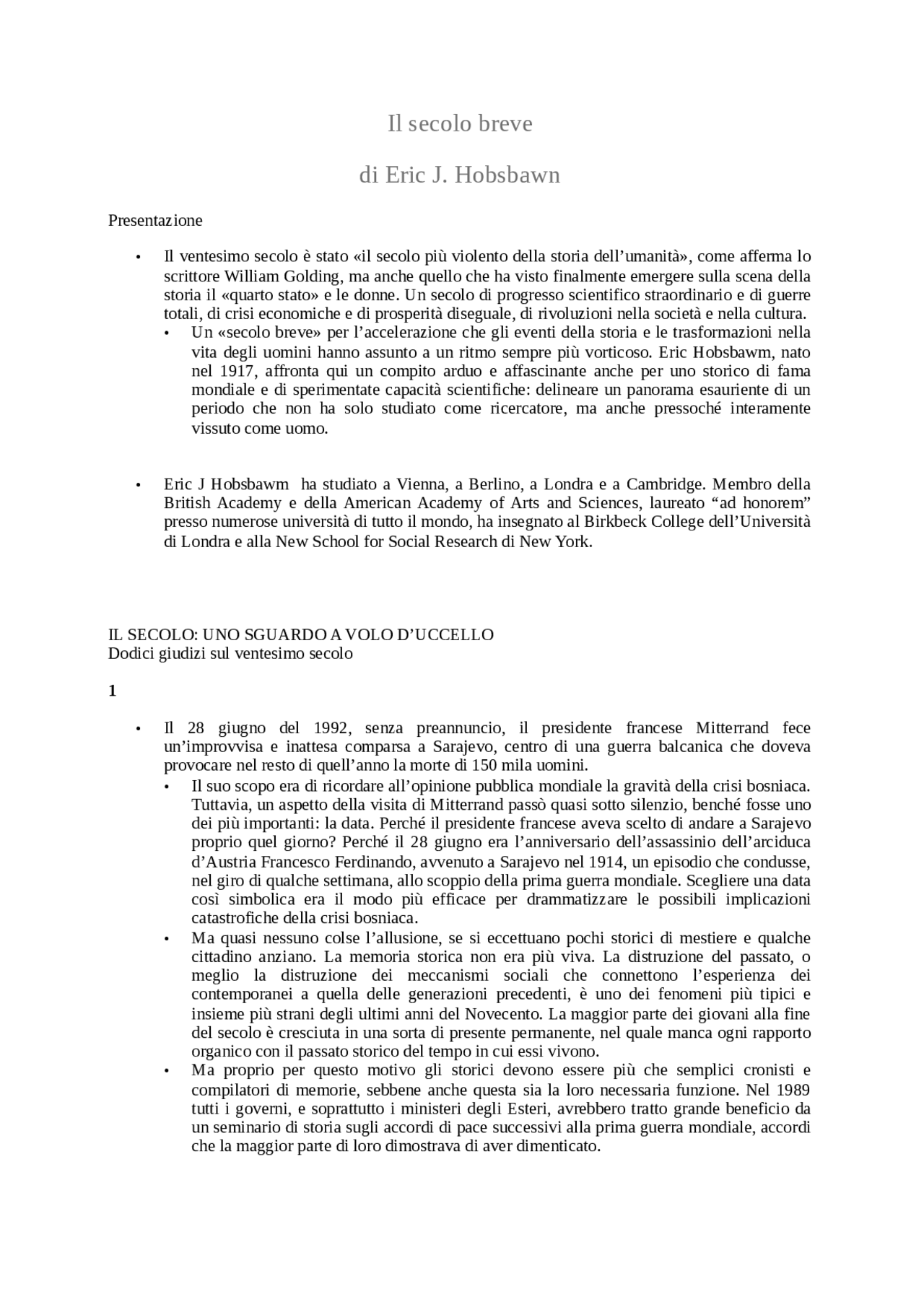 Il Secolo Breve 1914 1991 Di Eric J Hobsbawn Docsity