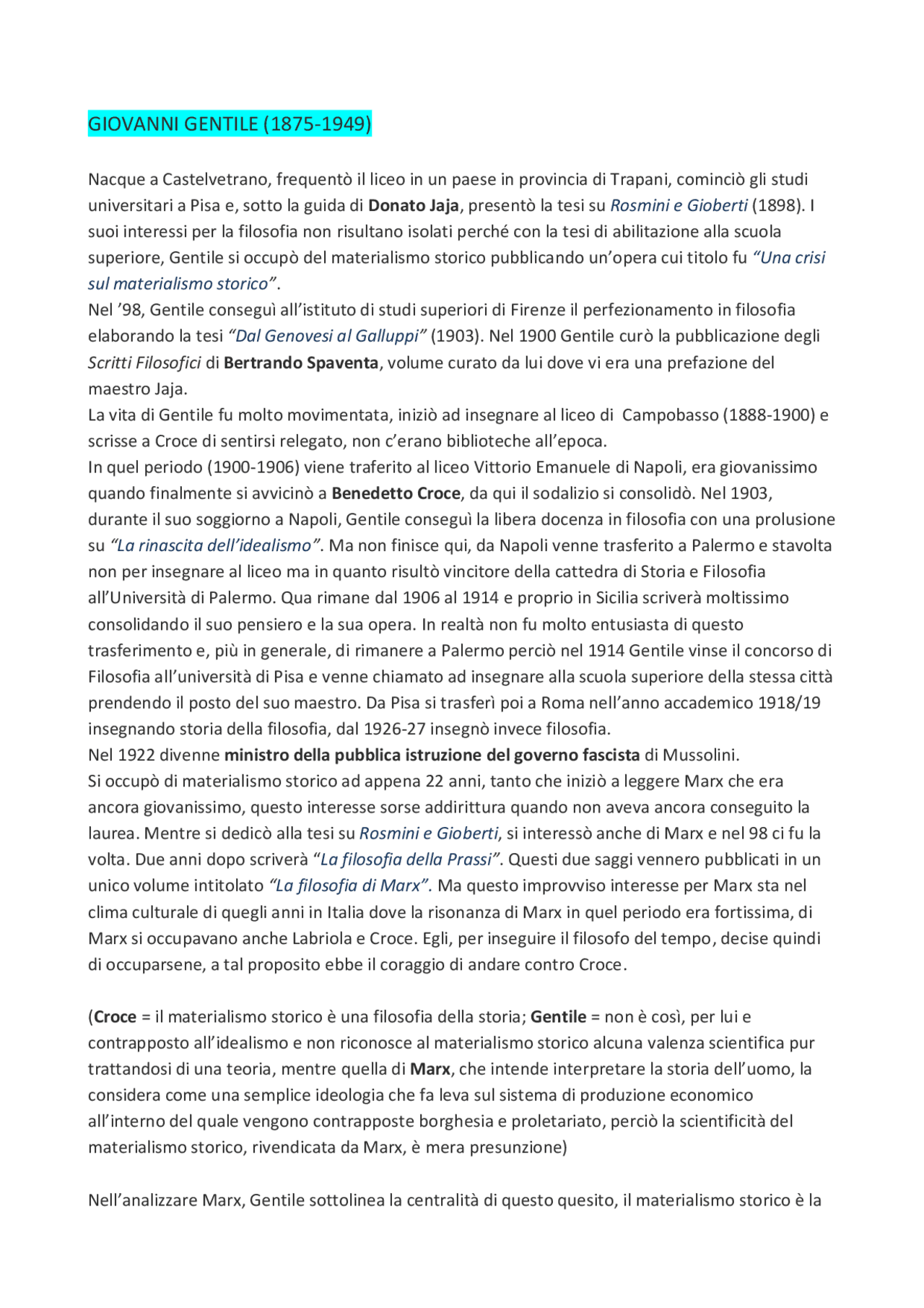 Lezione Riguardo Giovanni Gentile Docsity