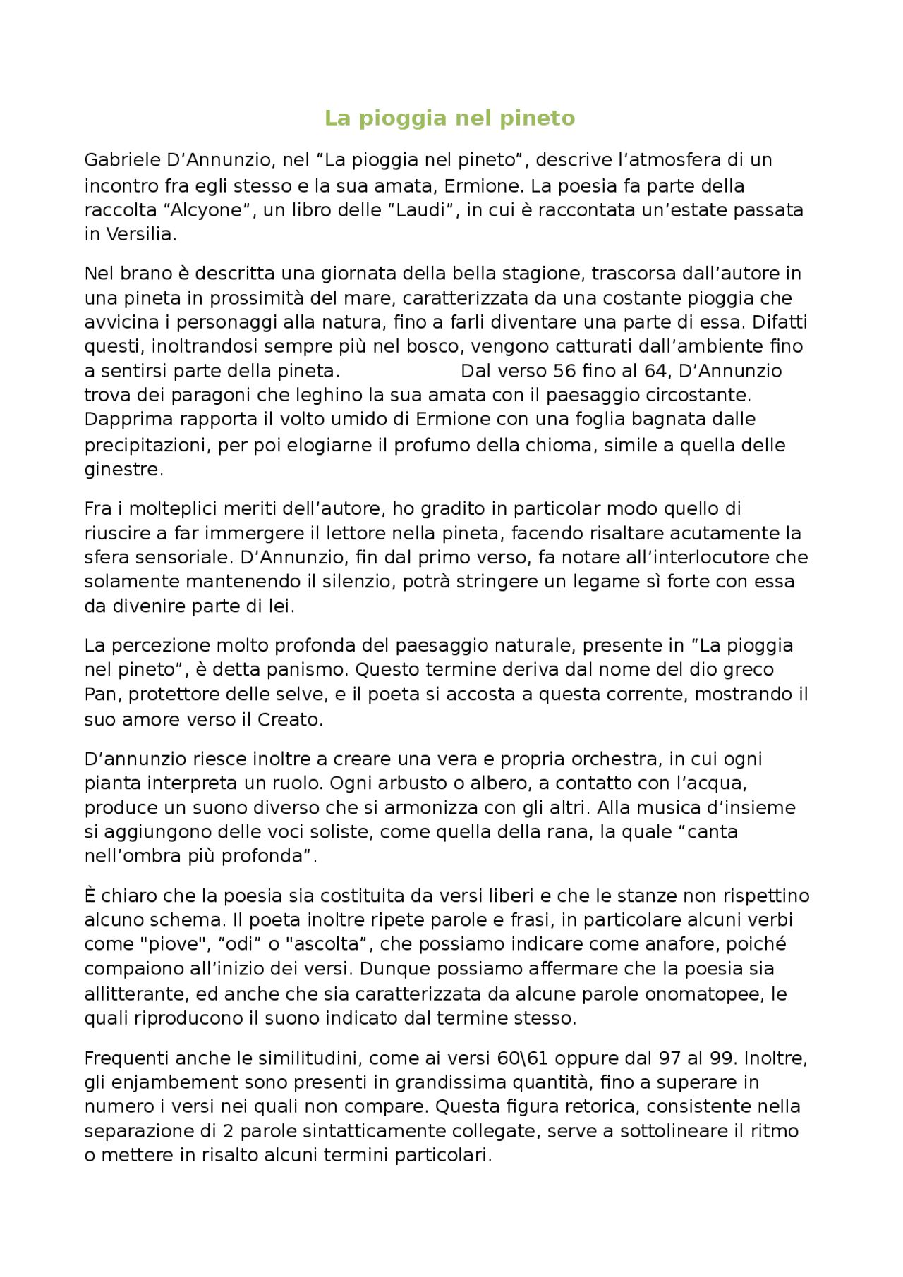 La Pioggia Nel Pineto Analisi Docsity