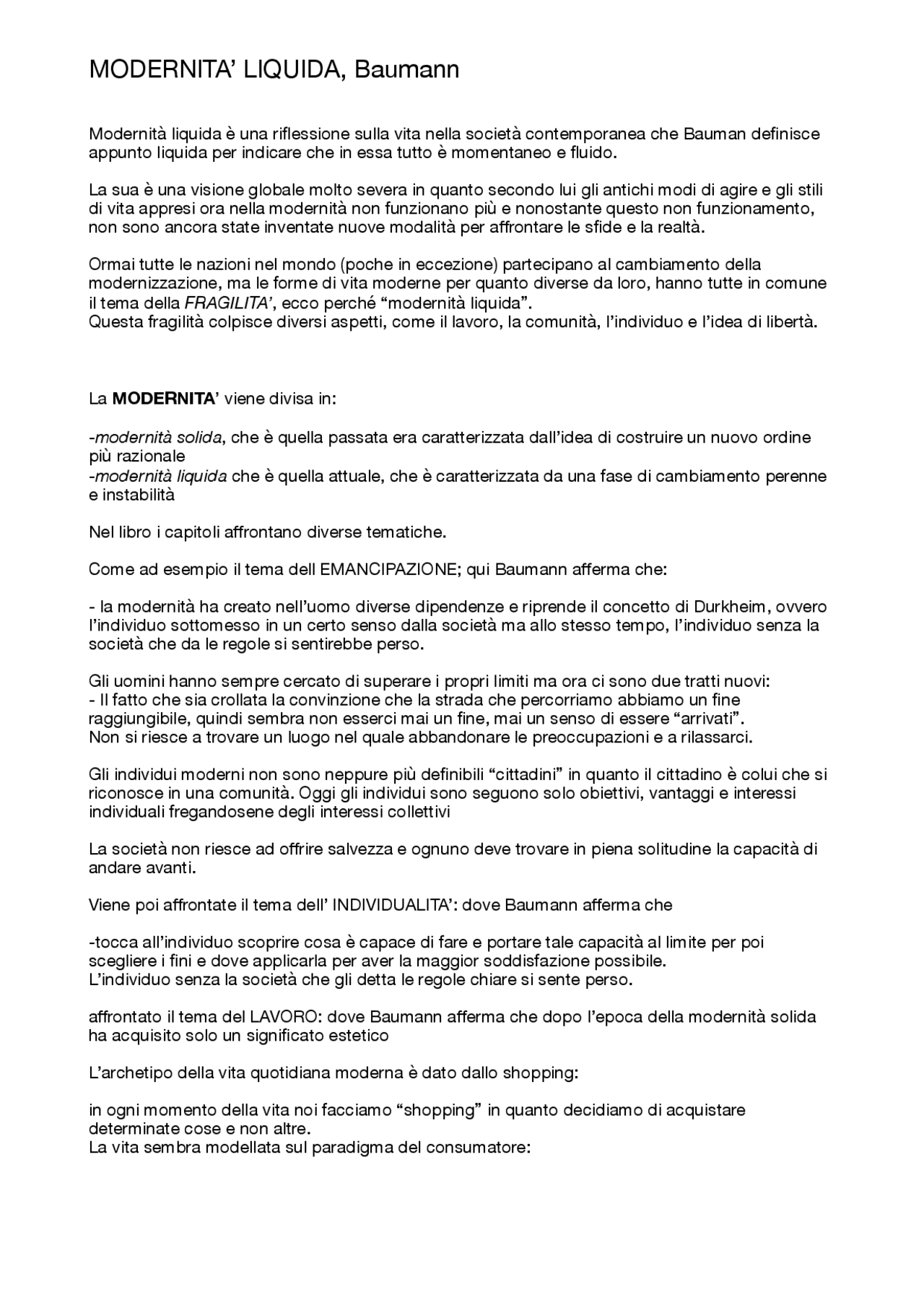 Baumann Modernità Liquida Appunti Di Sociologia Docsity