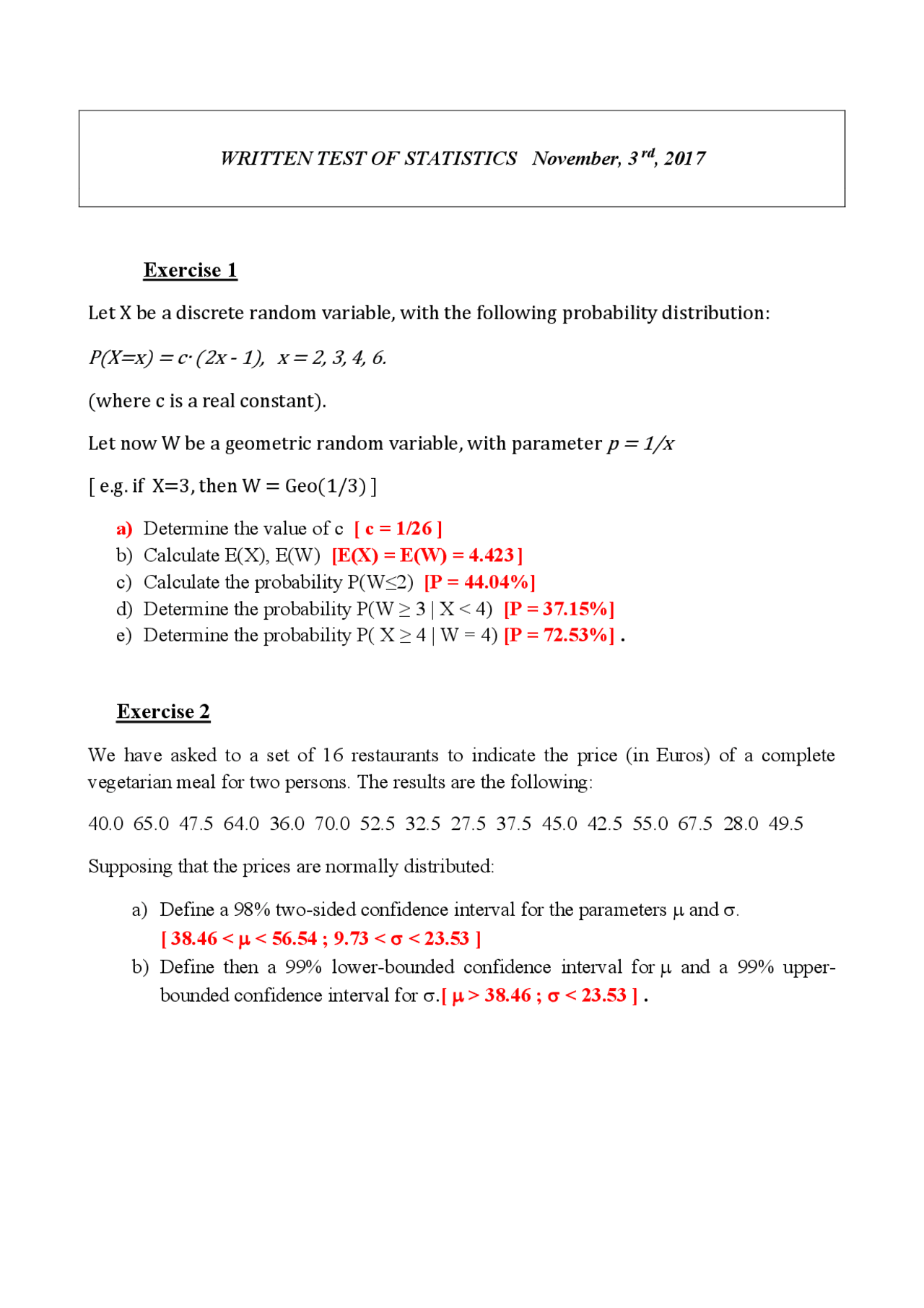 Prove Esame Statistica Docsity