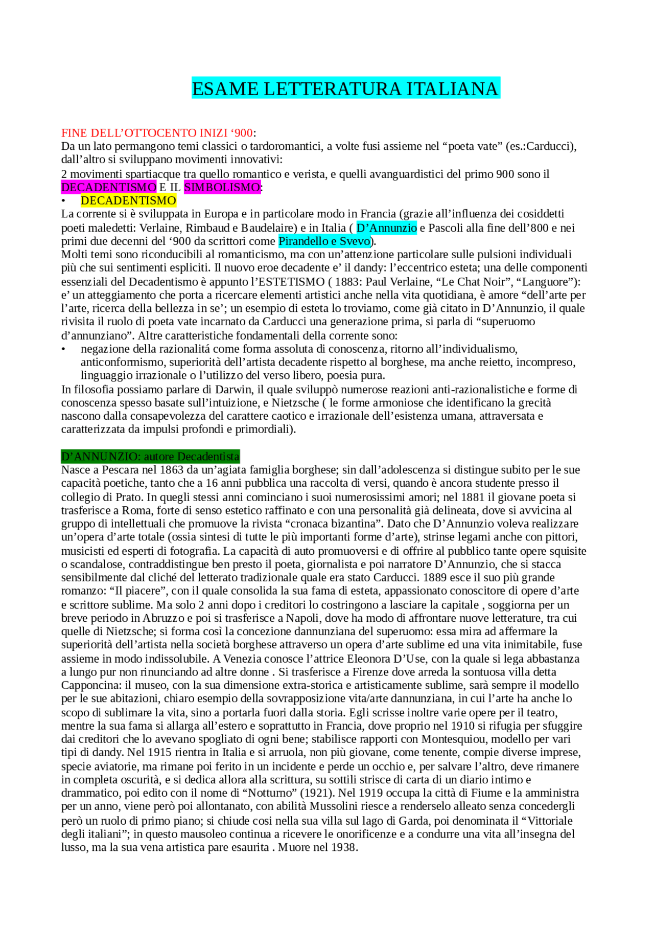 Letteratura italiana contemporanea | Prove d'esame di Letteratura - Docsity