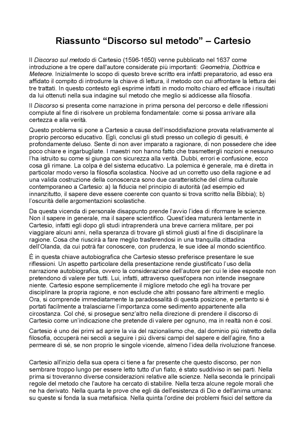 Riassunto Discorso Sul Metodo Di Cartesio Docsity