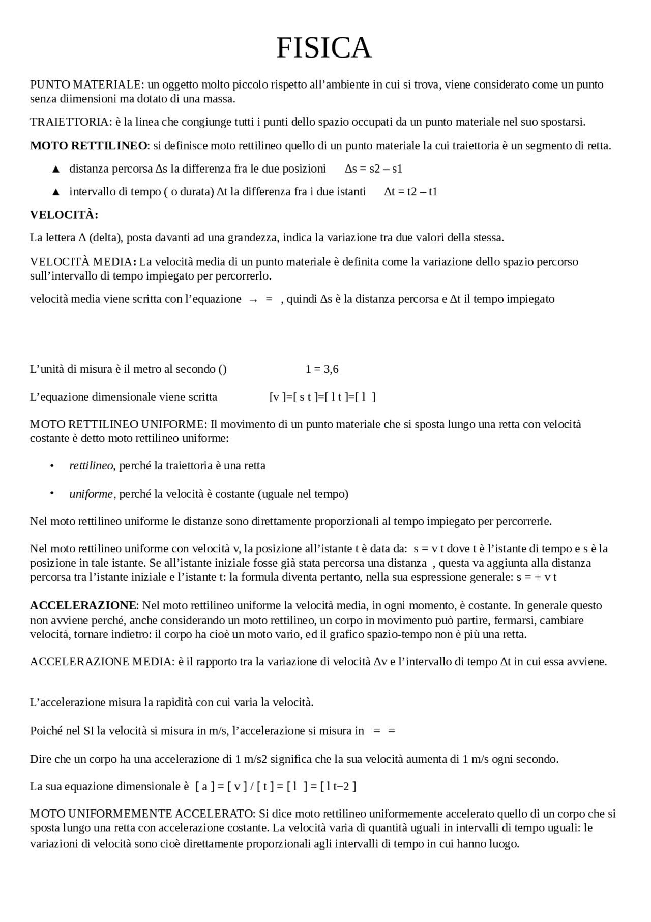 Fisica Velocità E Accelerazione Docsity