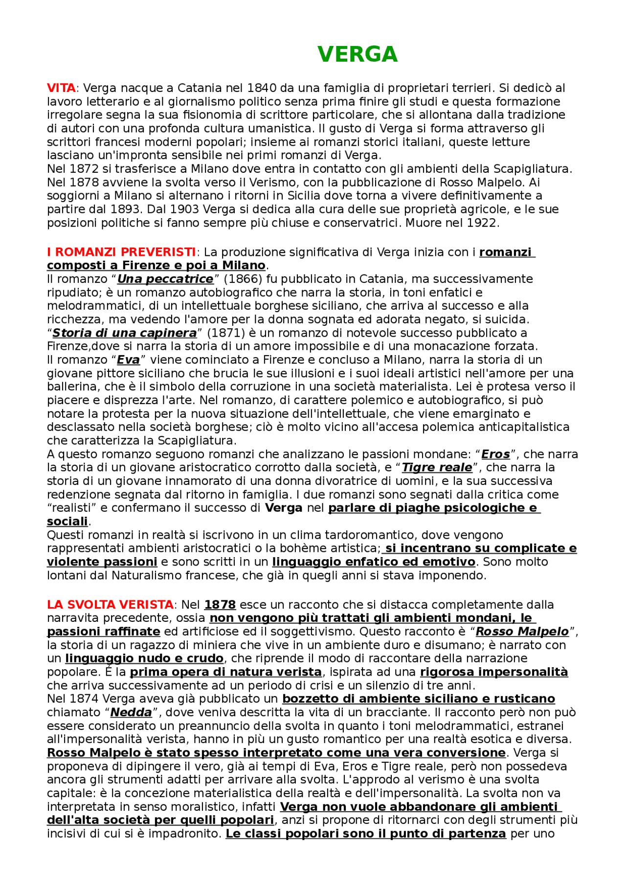 Riassunto Completo Su Verga Sintesi Del Corso Di Italiano Docsity