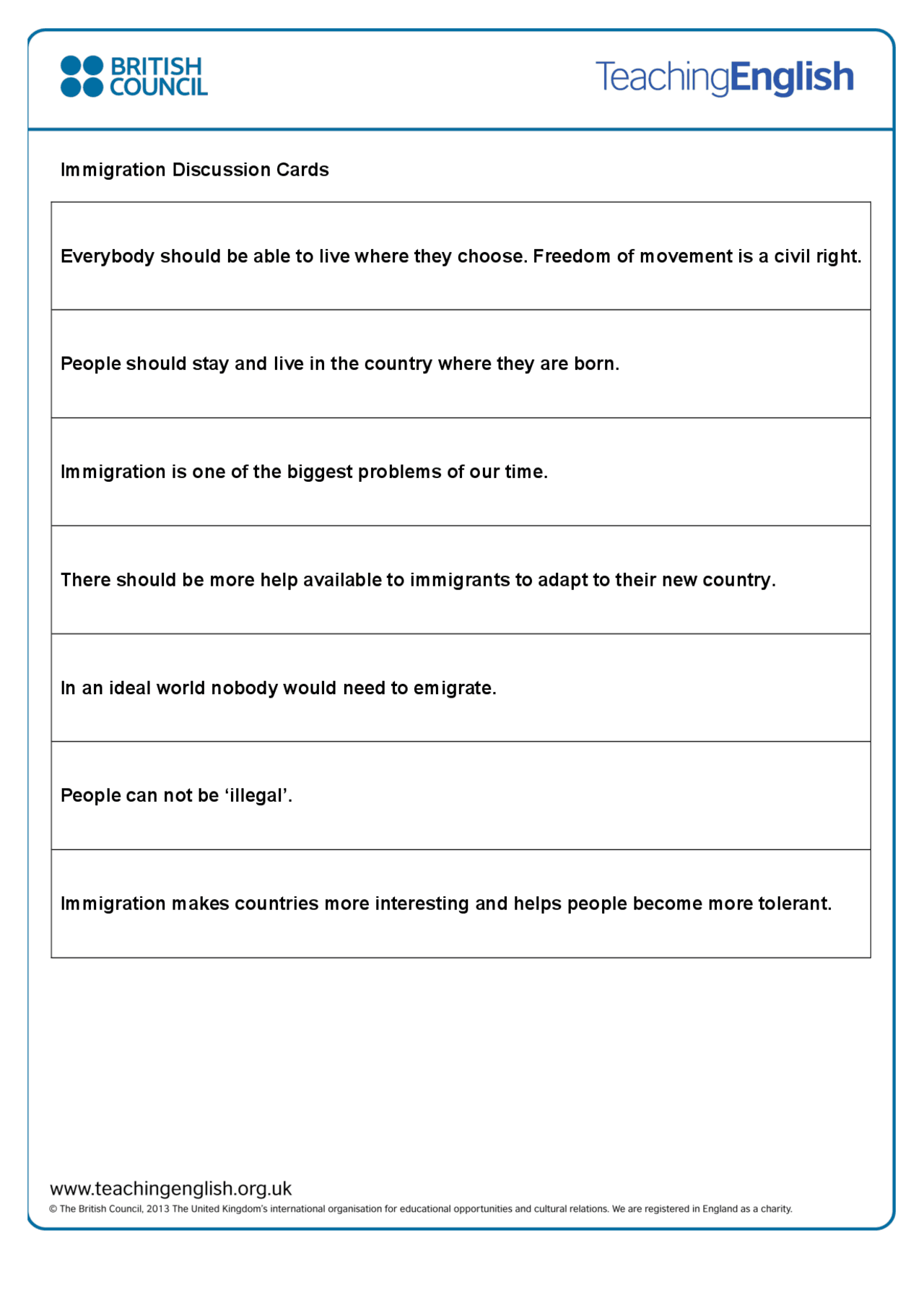 Immigration discussion cards ORAL EXAM - Docsity