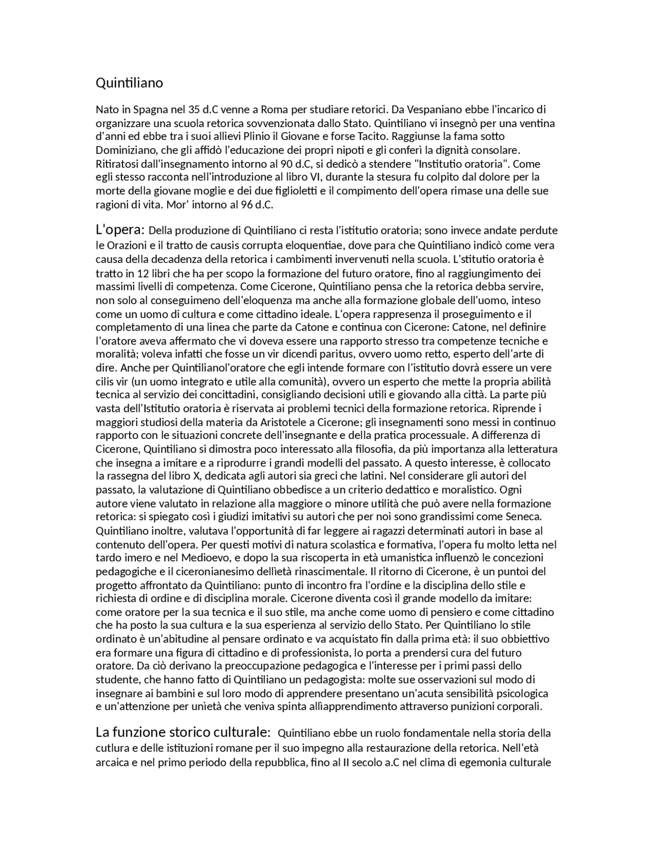 Quintiliano Riassunto Latino Docsity