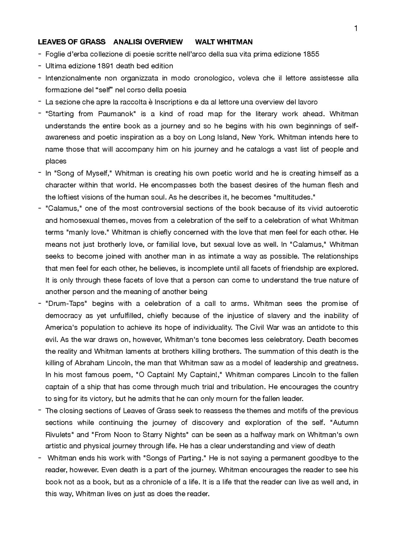 Walt Whitman Analisi Generale Docsity