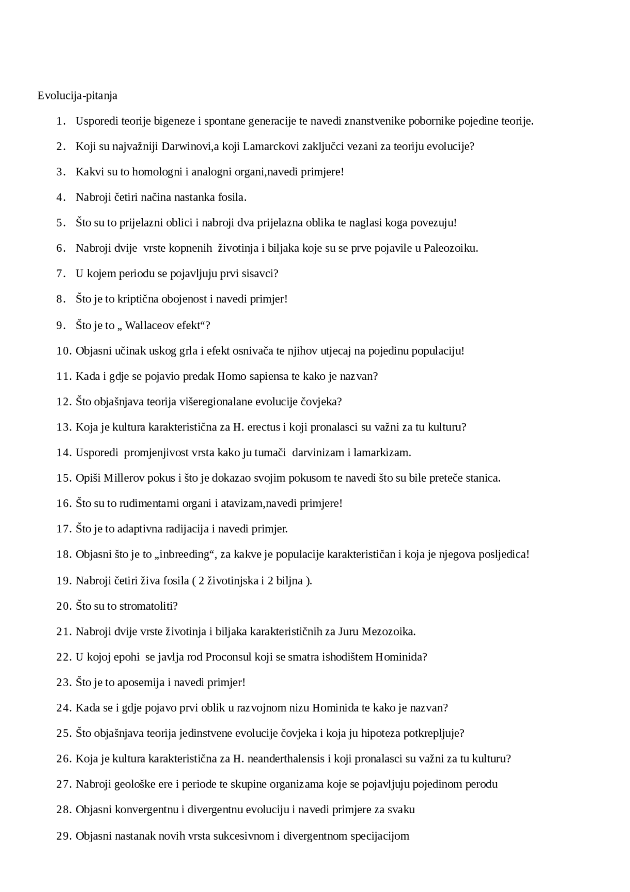 Evolucija Pitanja Iz Biologije Vežbe Predlog Biologija Docsity