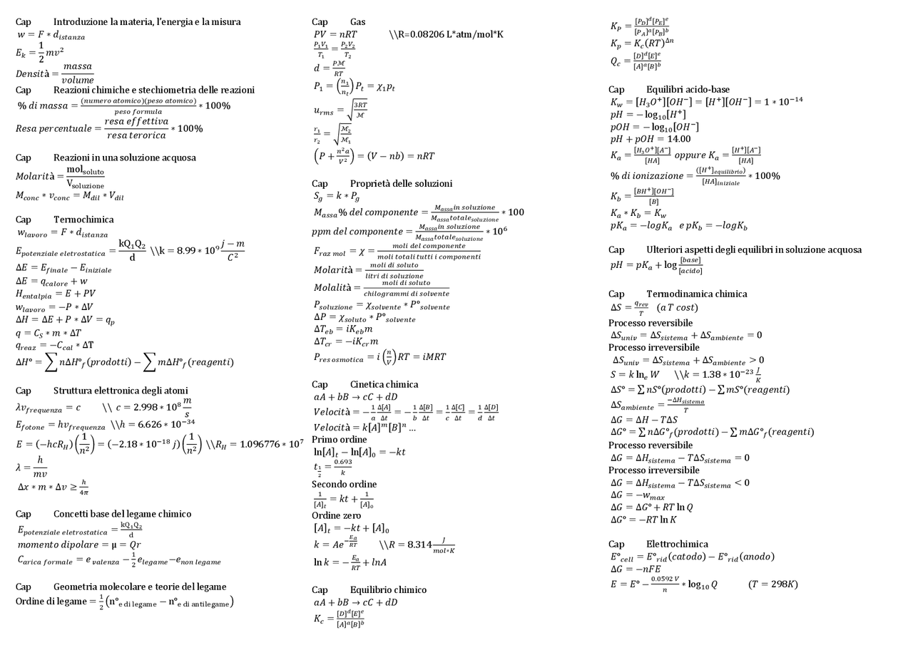 Formula essenziali da sapere per esame di chimica generale - Docsity