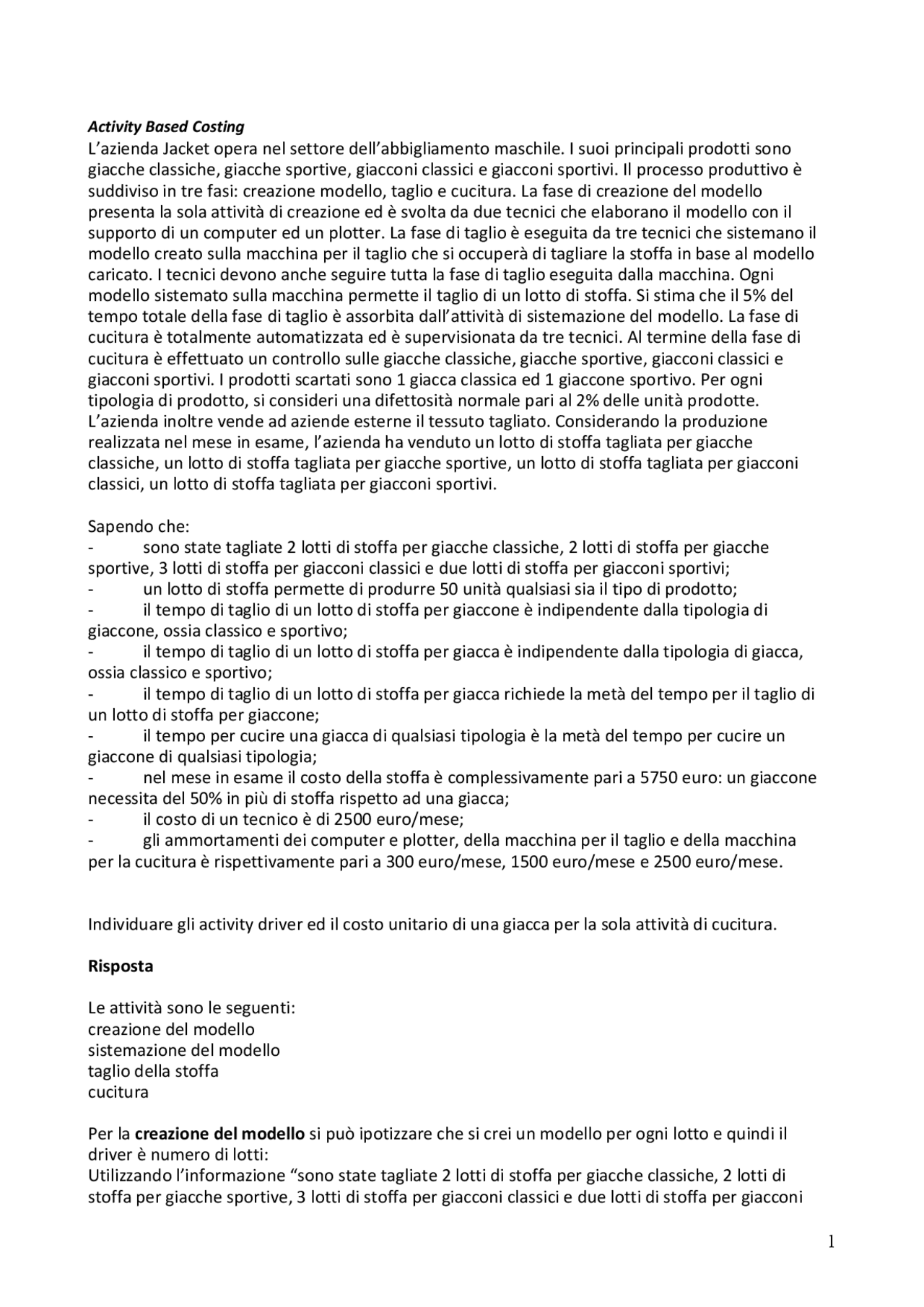 Exercise Activity Based Costing Exercises Economics Docsity