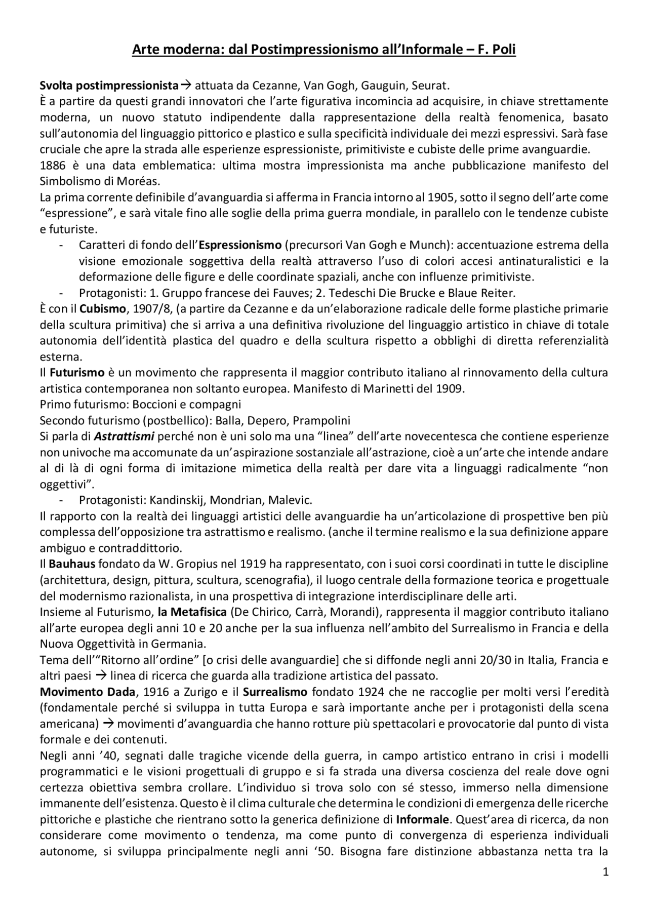 Arte Moderna Dal Postimpressionismo Allinformale Docsity
