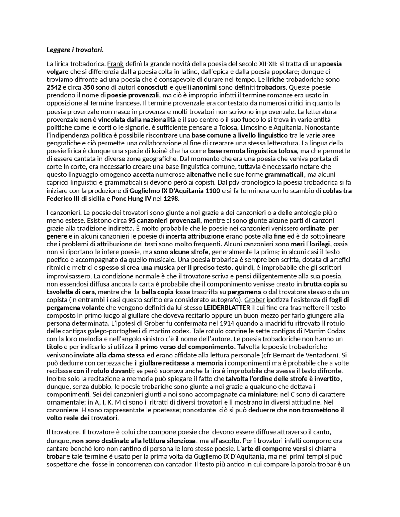 Martin De Riquer Leggere I Trovatori Sintesi Docsity