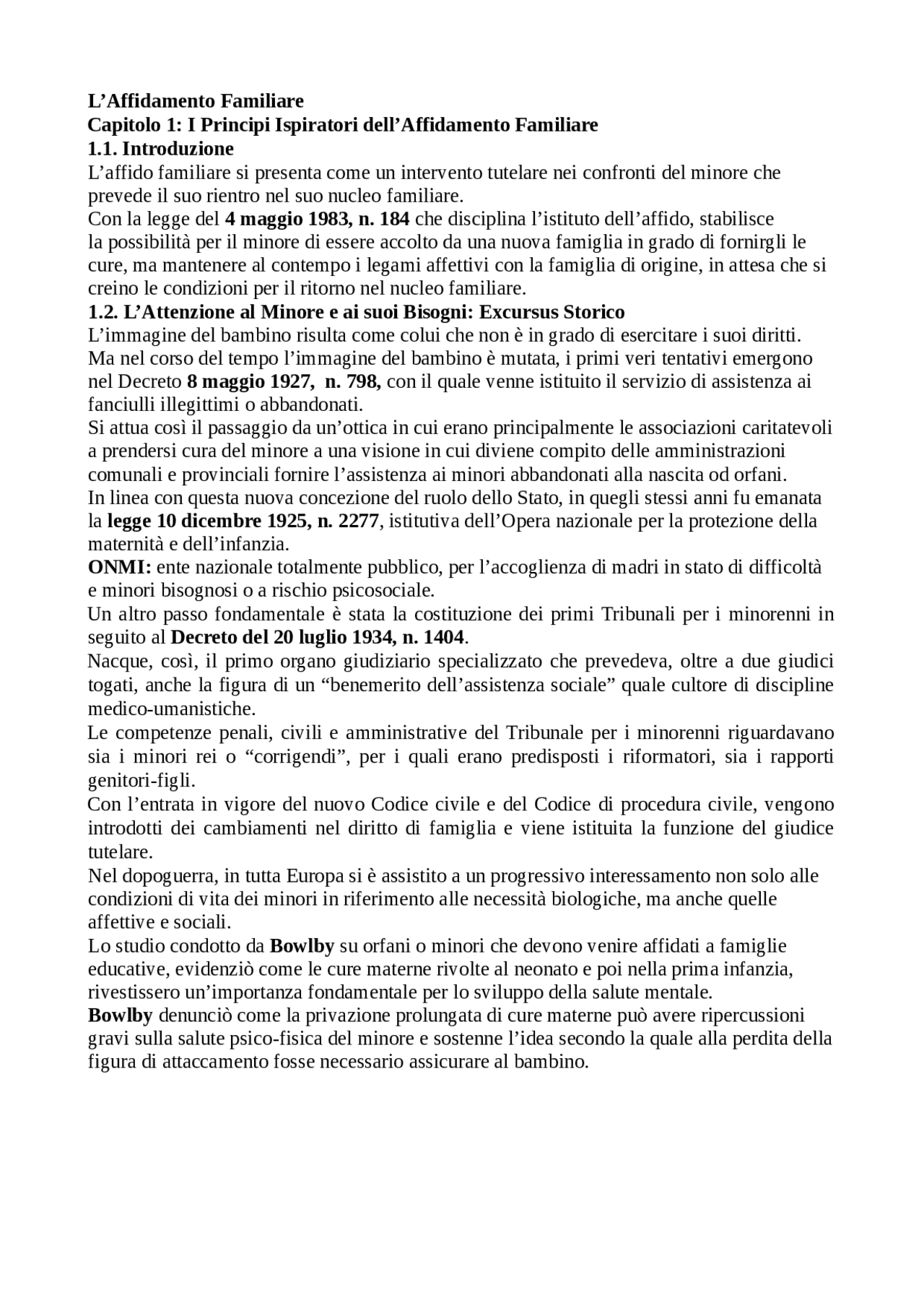 Sintesi Primi Tre Capitoli Di Affidamento Famigliare Docsity