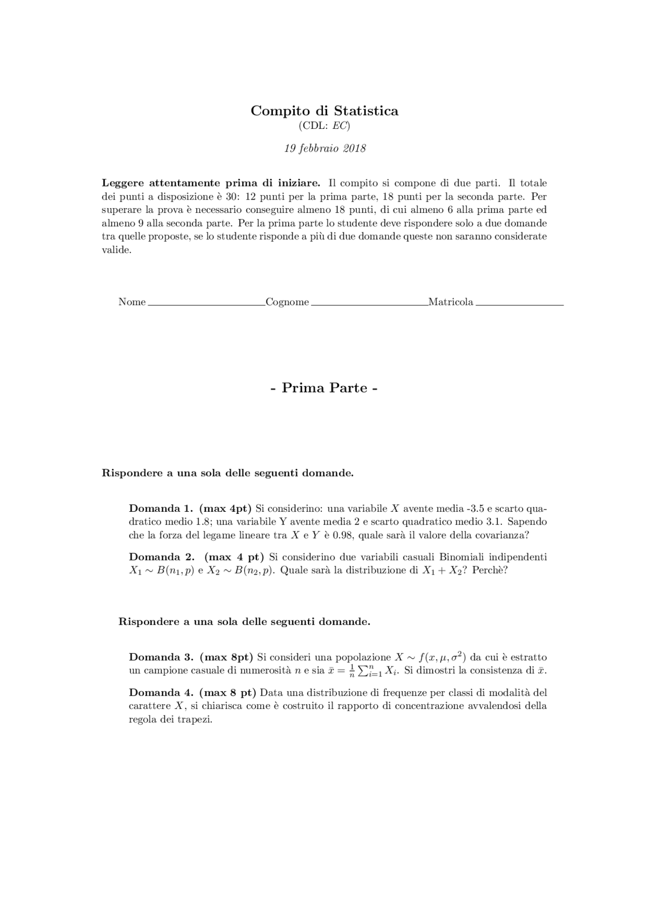 Prove Di Esame Di Statistica Prove Desame Di Statistica Docsity
