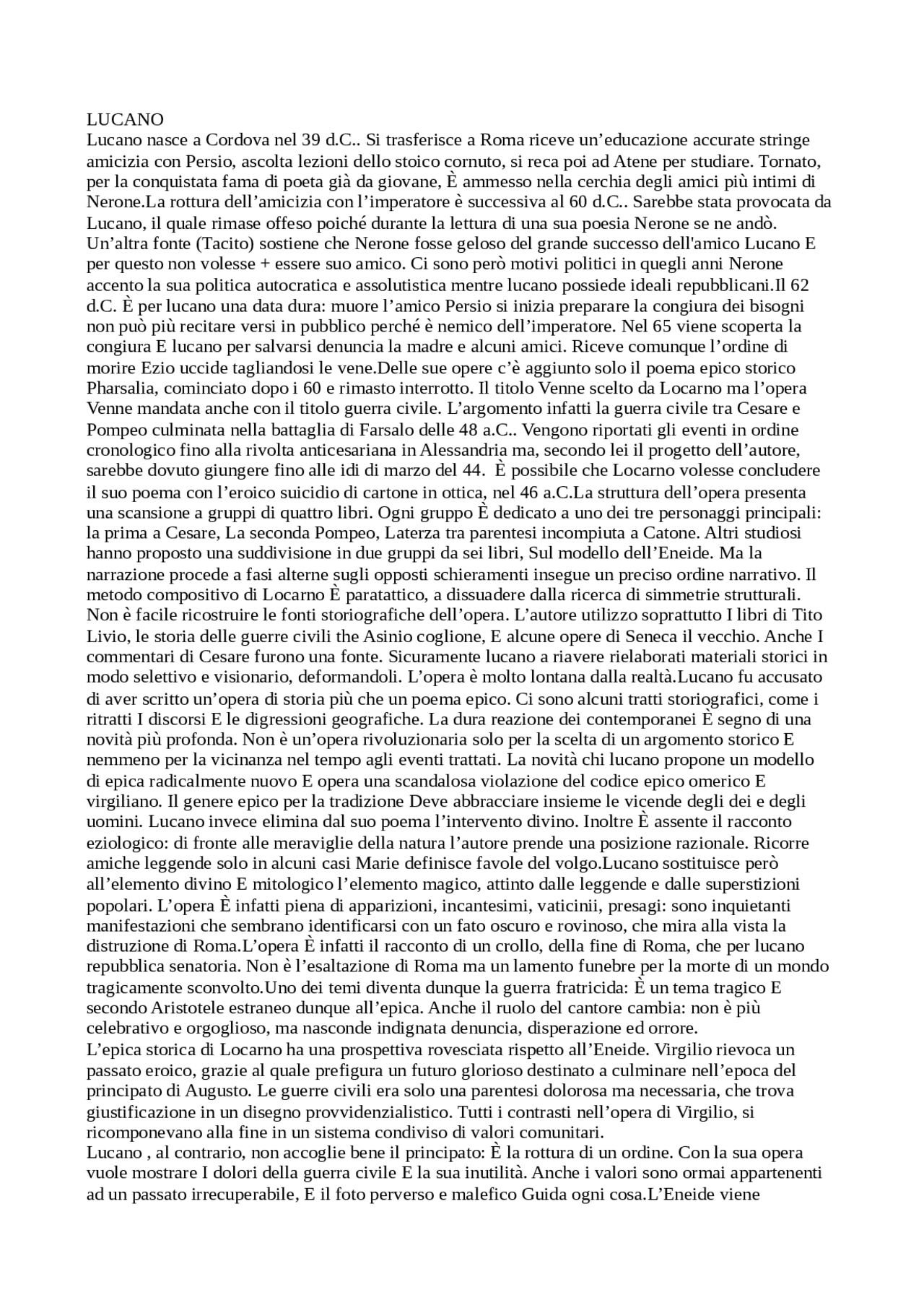 Lucano E La Pharsalia Sintesi Del Corso Di Latino Docsity