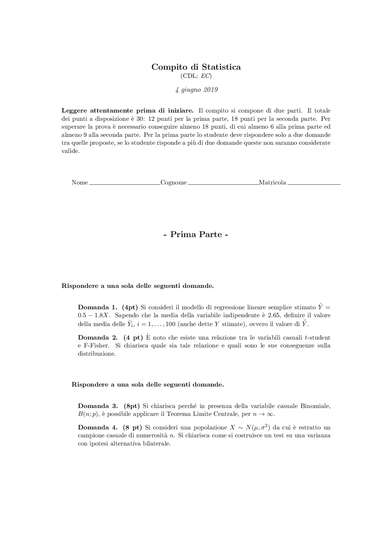 Prove Di Esame Di Statistica Prove Desame Di Statistica Docsity