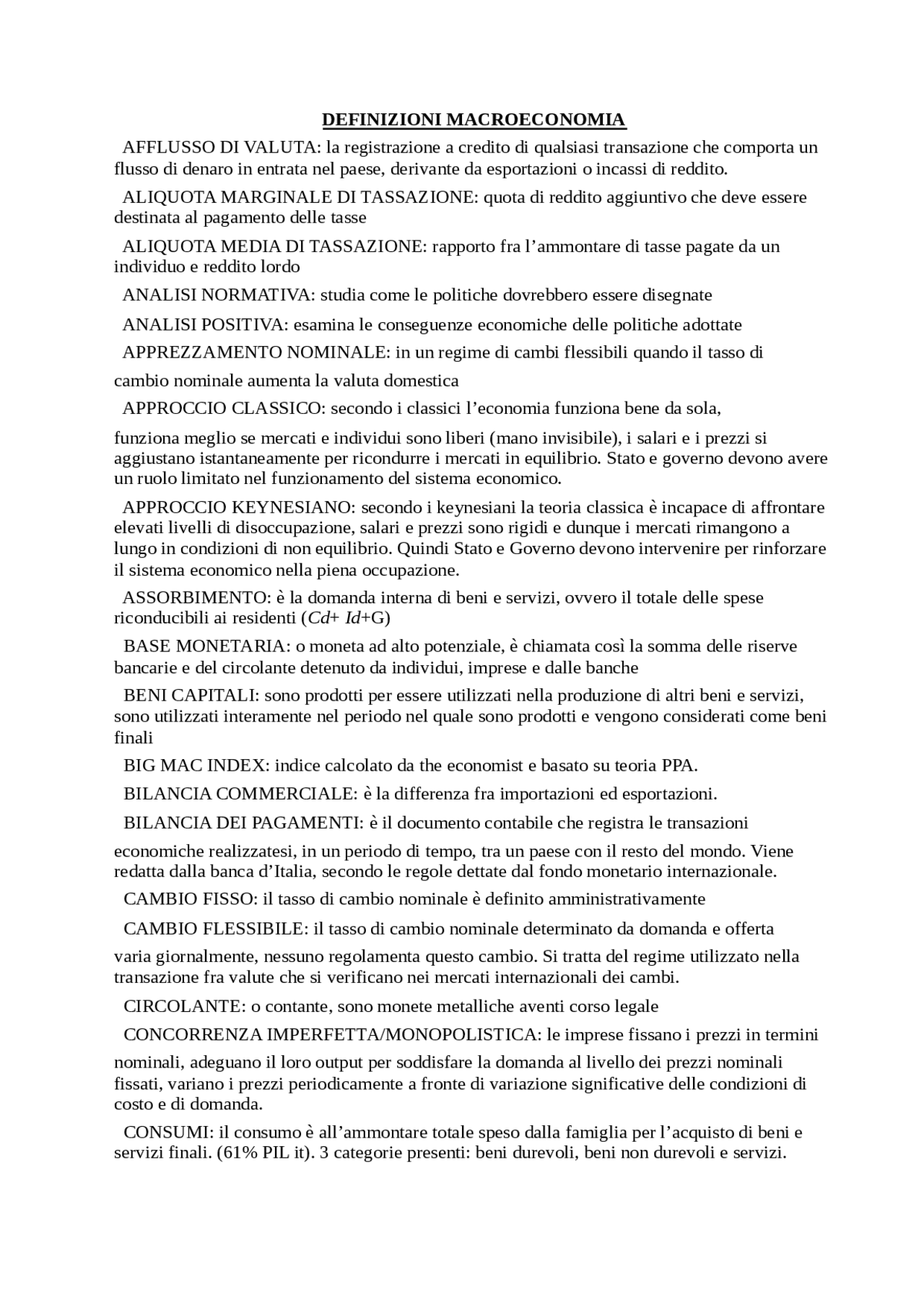 Definizioni Macroeconomia Libro Docsity
