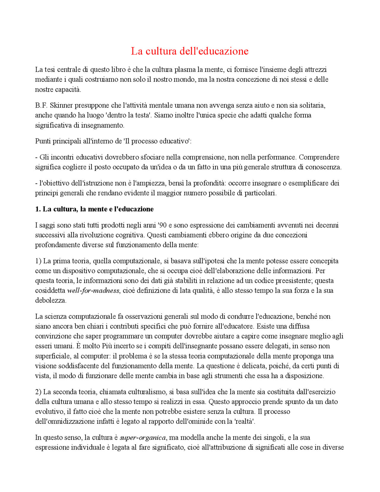 La Cultura Delleducazione Riassunto Docsity