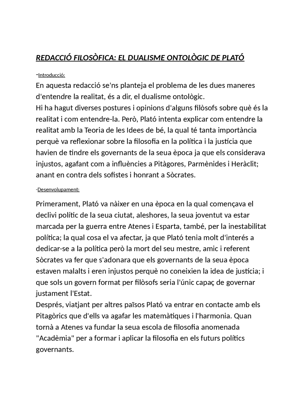 Redacció Filosofia 2n Batxillerat Dualisme Ontològic De Plató Docsity