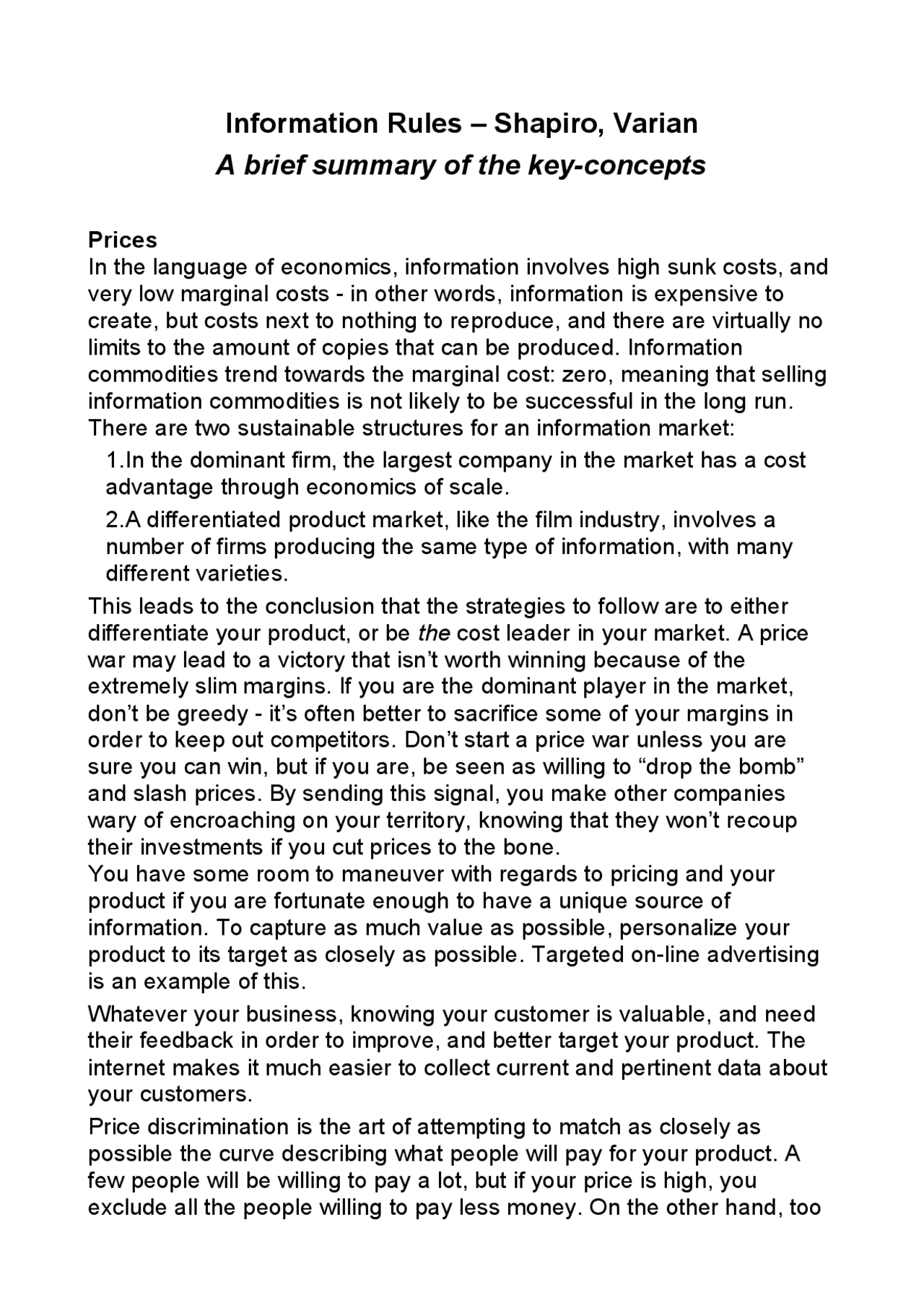 Riassunto di Information Rules-Shapiro e Varian - Docsity