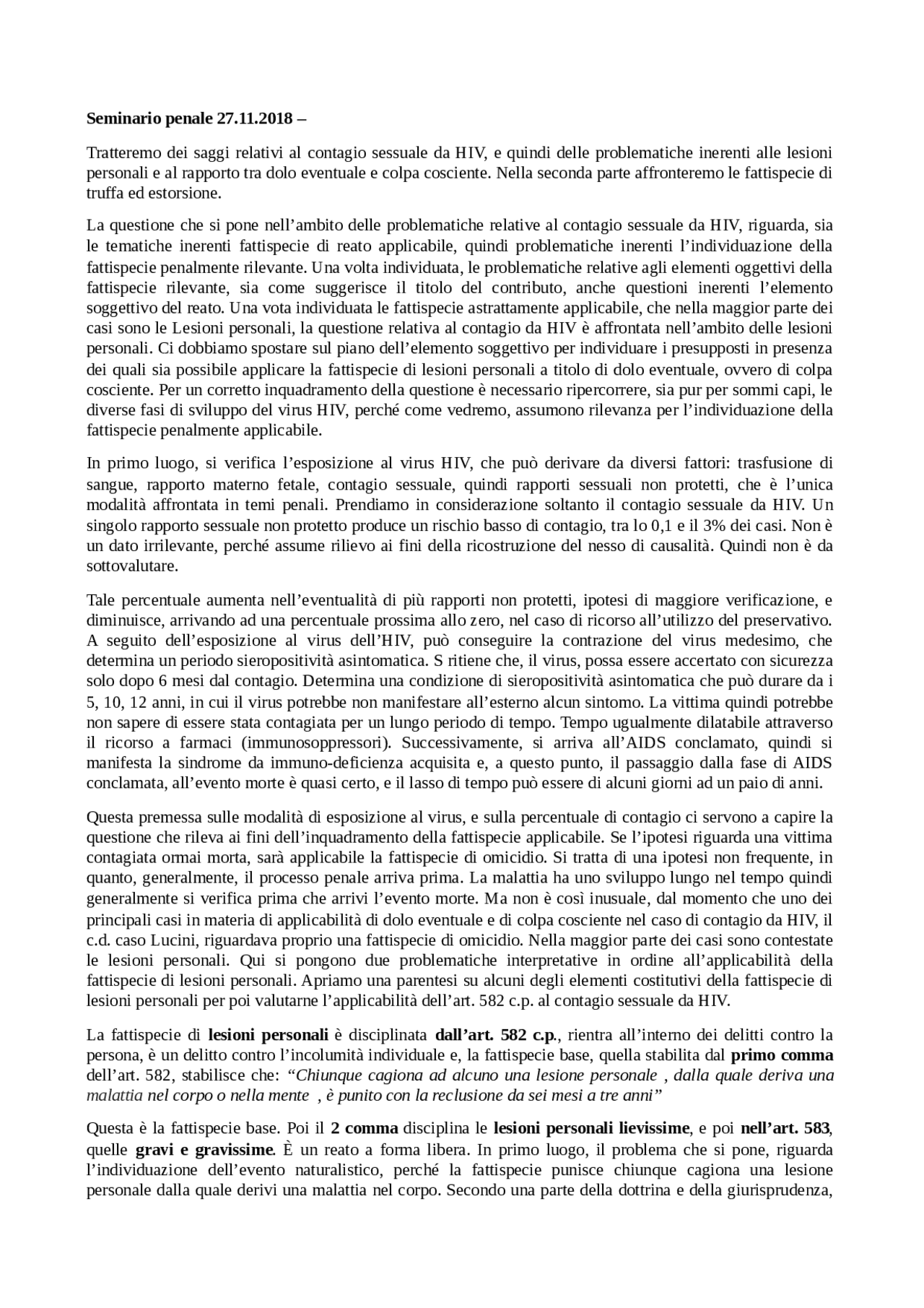 Dolo eventuale e colpa cosciente nel contagio sessuale da HIV- temi ...