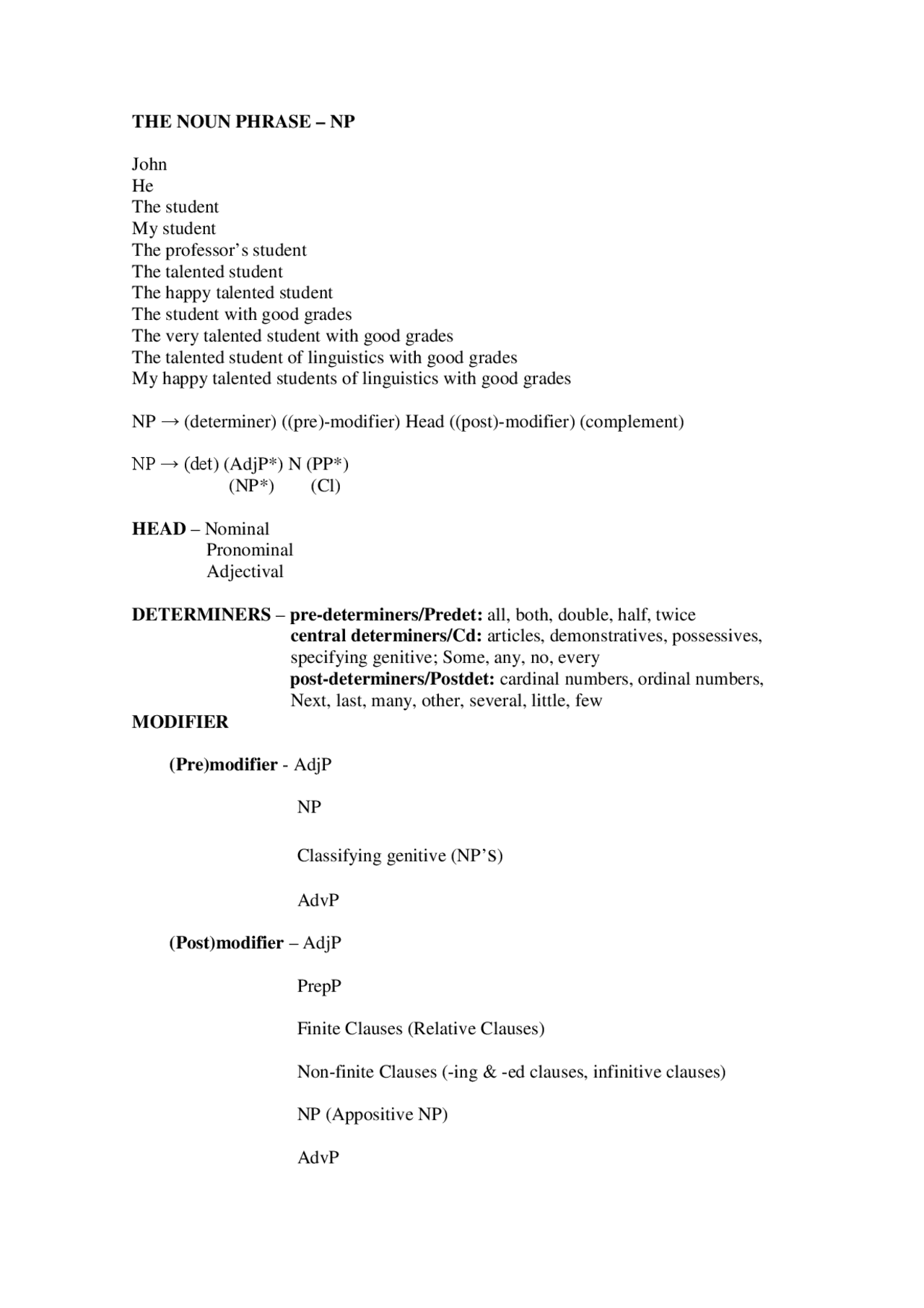 English Syntax - Noun Phrases 2019 - Docsity