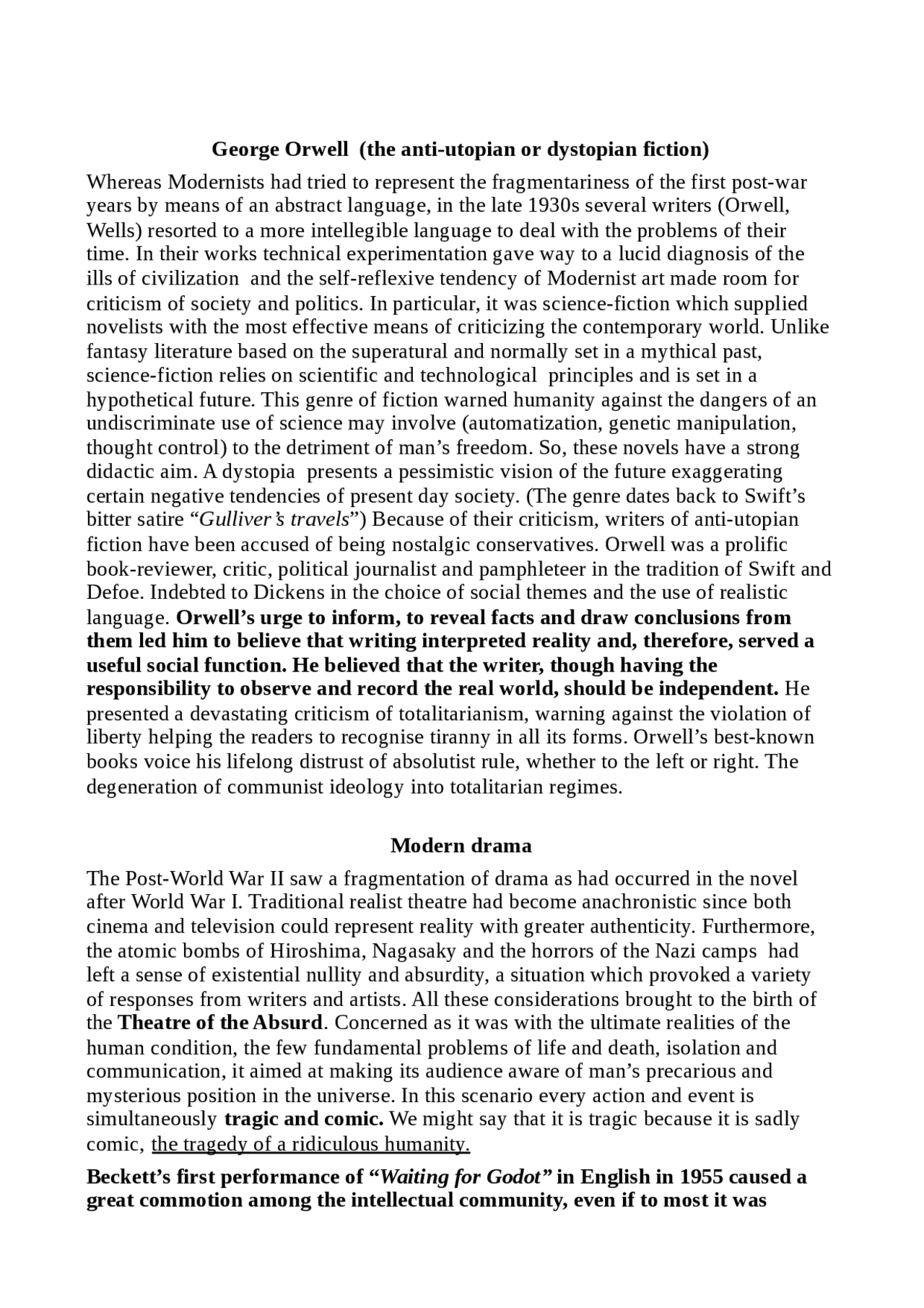 Orwell Beckett And Modernism Docsity