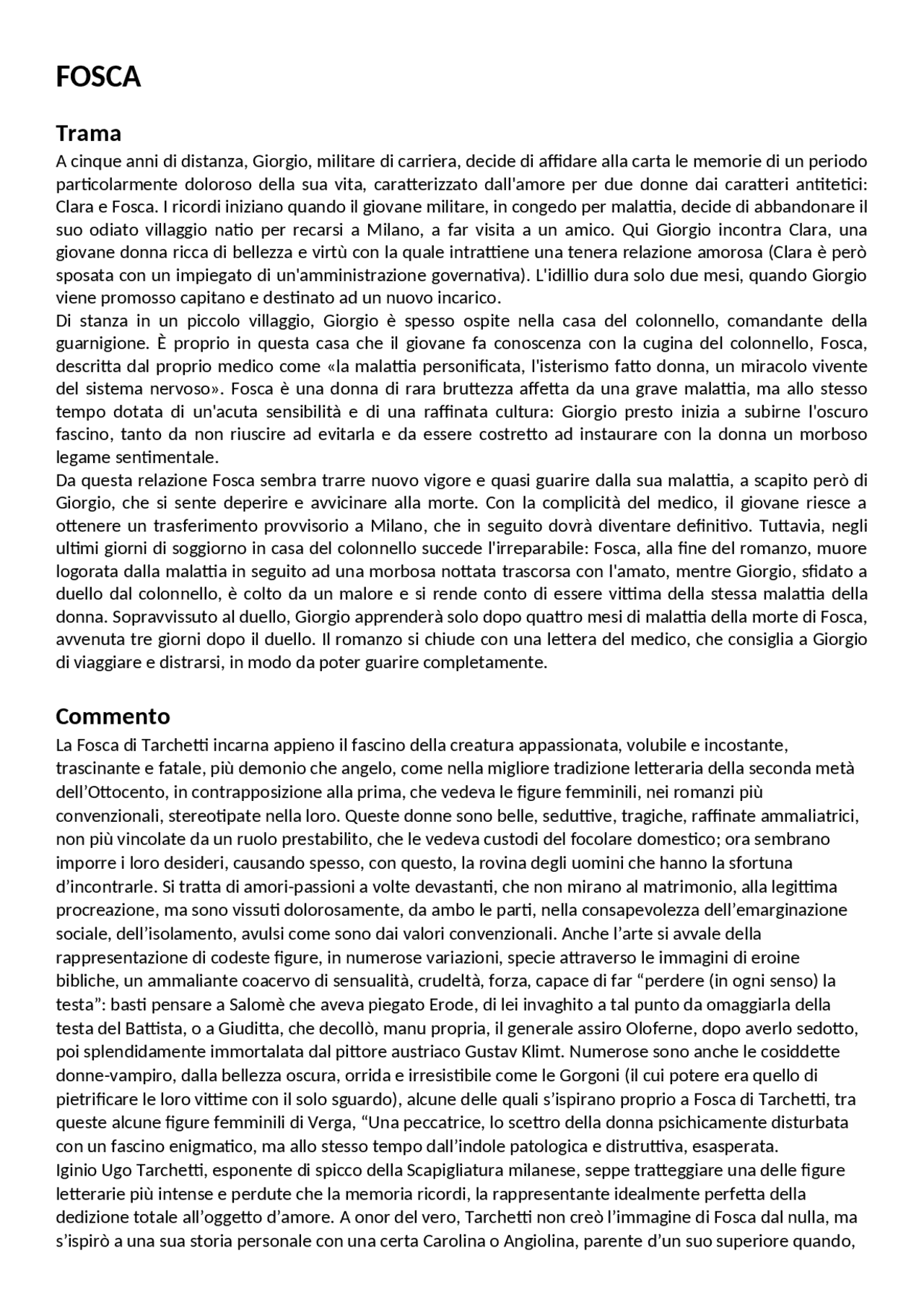 Analisi E Riassunto Di Fosca Di Tarchetti Docsity