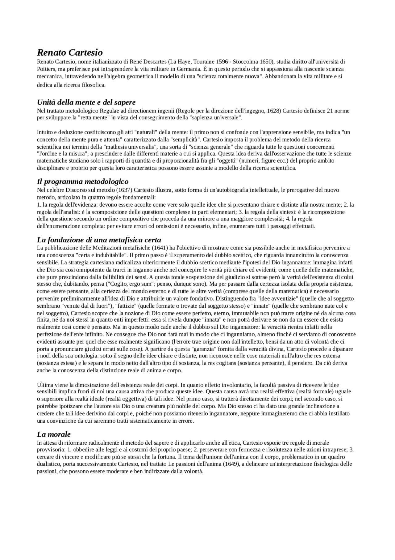Riassunti Di Filosofia Renato Cartesio Docsity