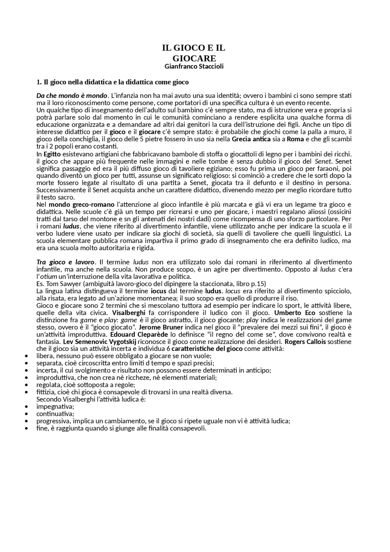 Il Gioco E Il Giocare Docsity