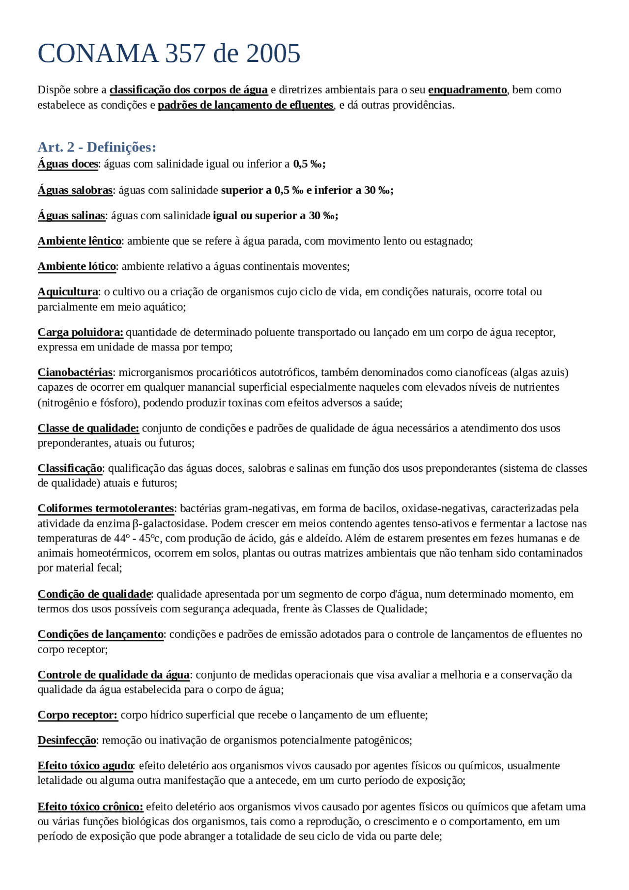 CONAMA 357 de 2005 - Resumo com comentários - Docsity