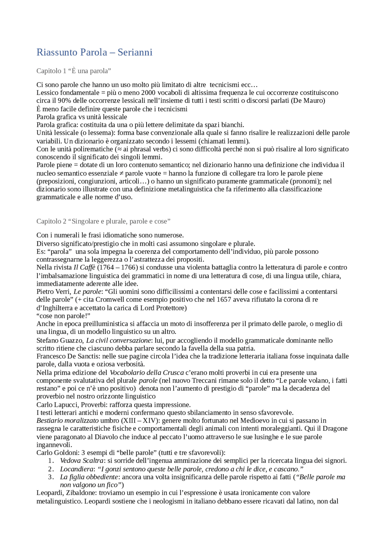 Riassunto Parola Di Luca Serianni Docsity