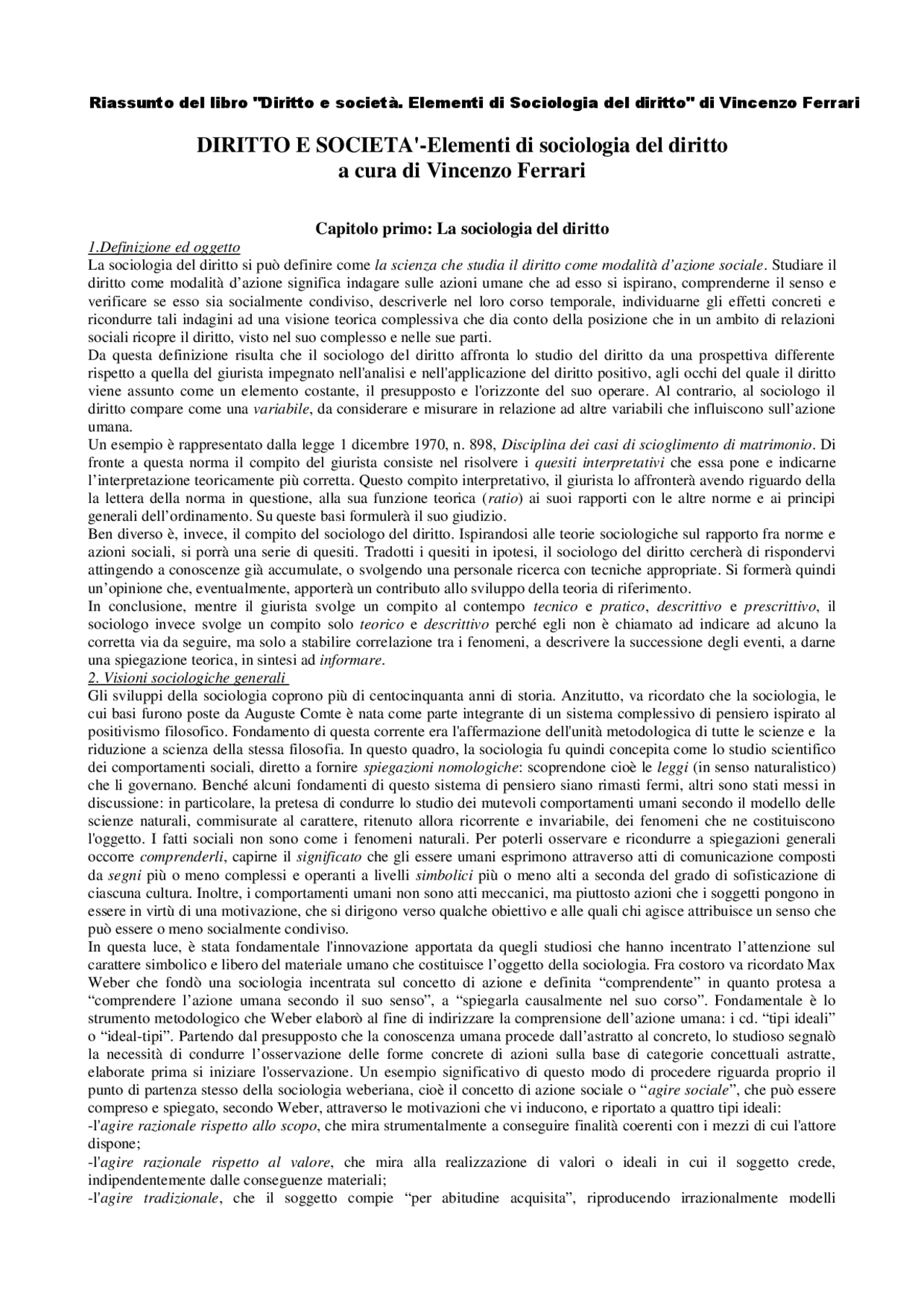 Riassunto Del Libro Diritto E Società Elementi Di Sociologia Del