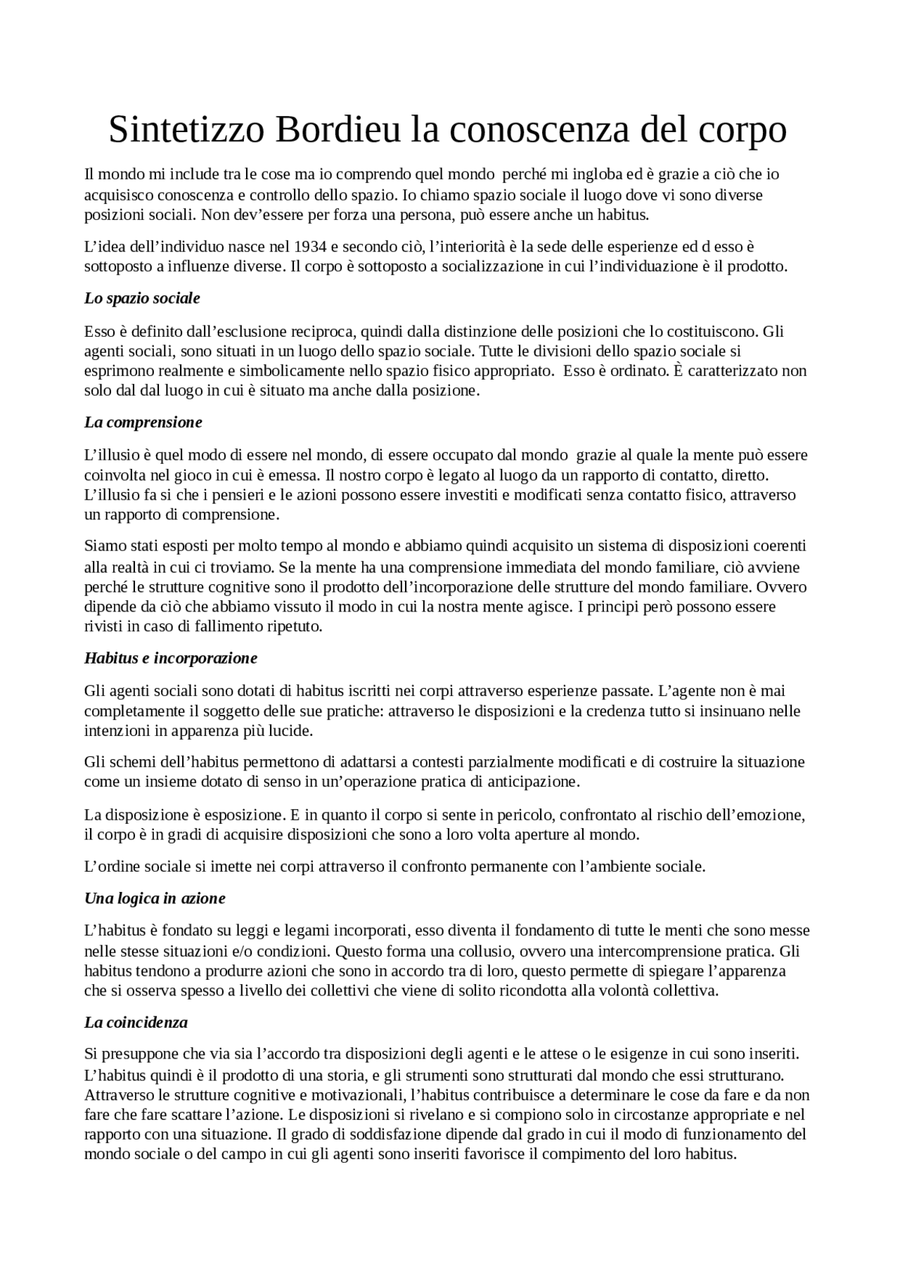 Bordieu La Conoscenza Del Corpo Docsity