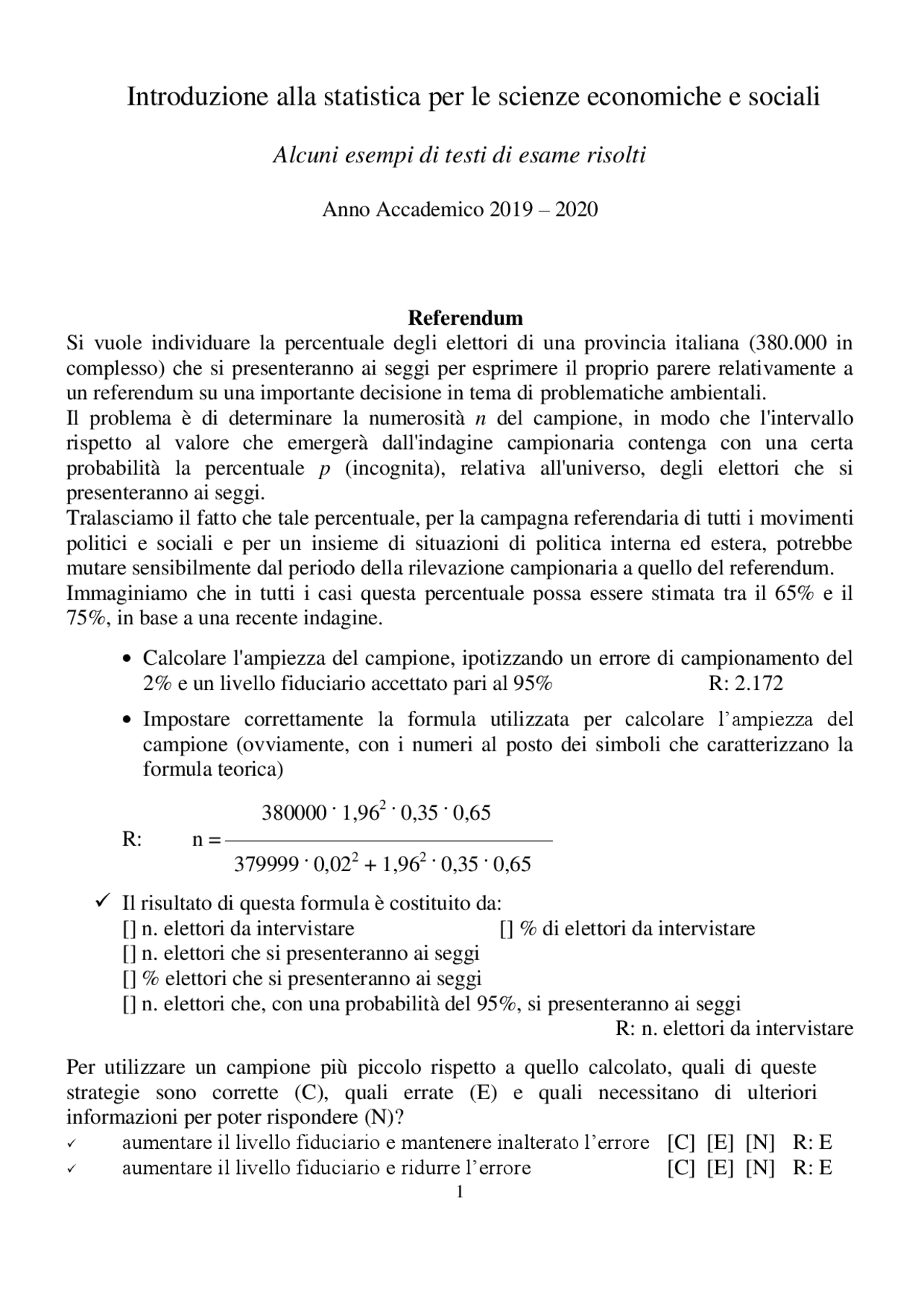 Dispense Esercizi Analisi Statistica Docsity