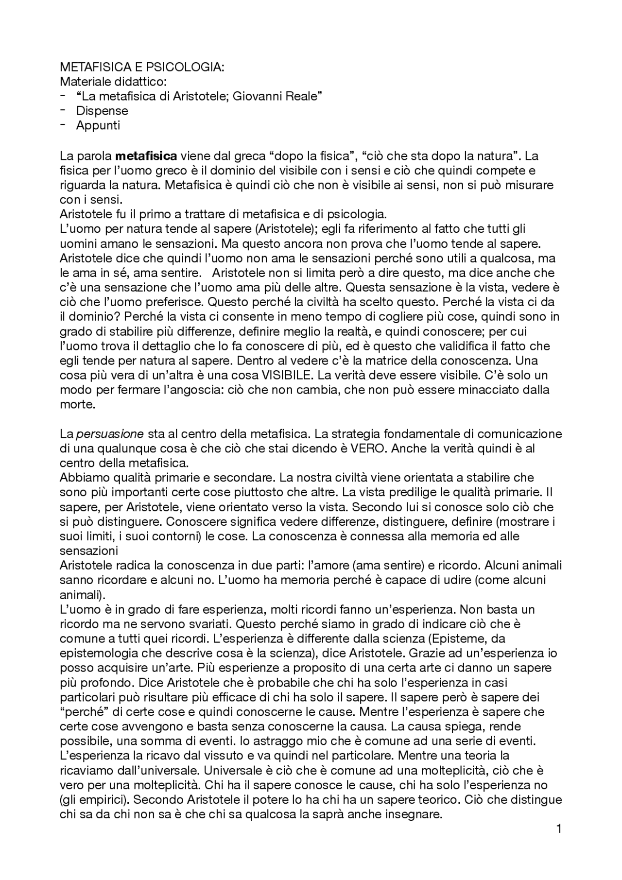 La Metafisica Di Aristotele Docsity