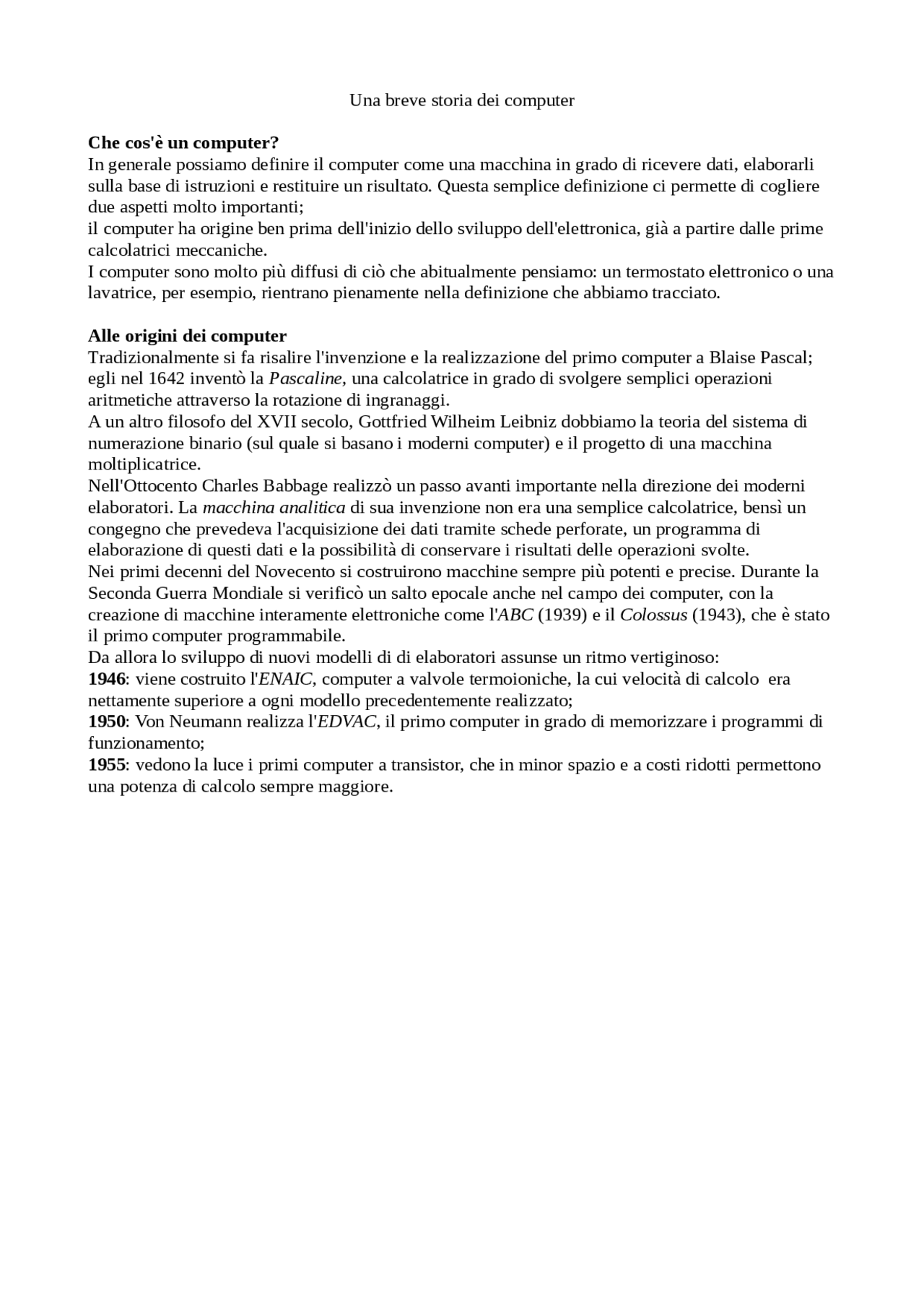 La Storia Dei Computer Sintesi Del Corso Di Informatica Docsity