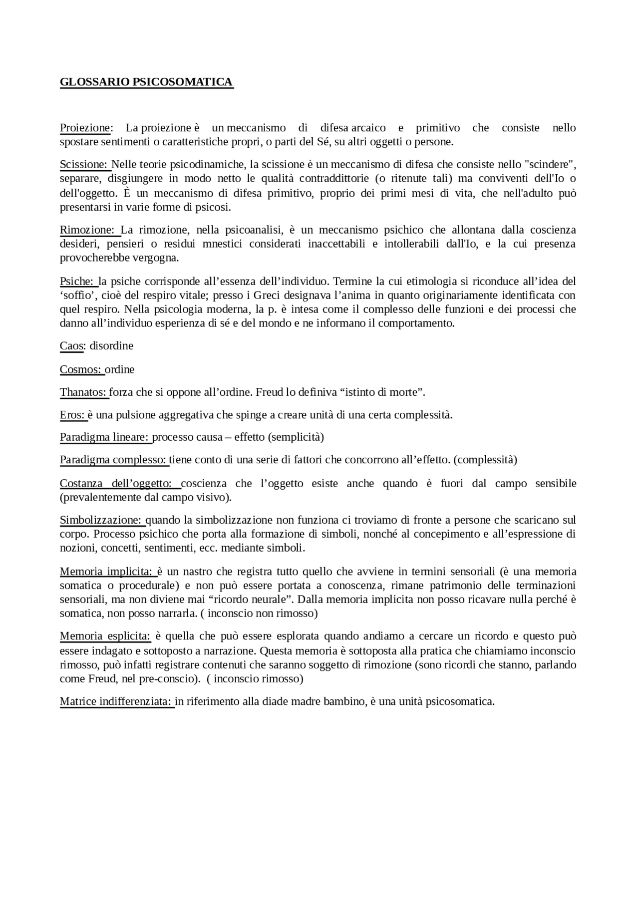 Glossario Termini Di Psicosomatica Docsity