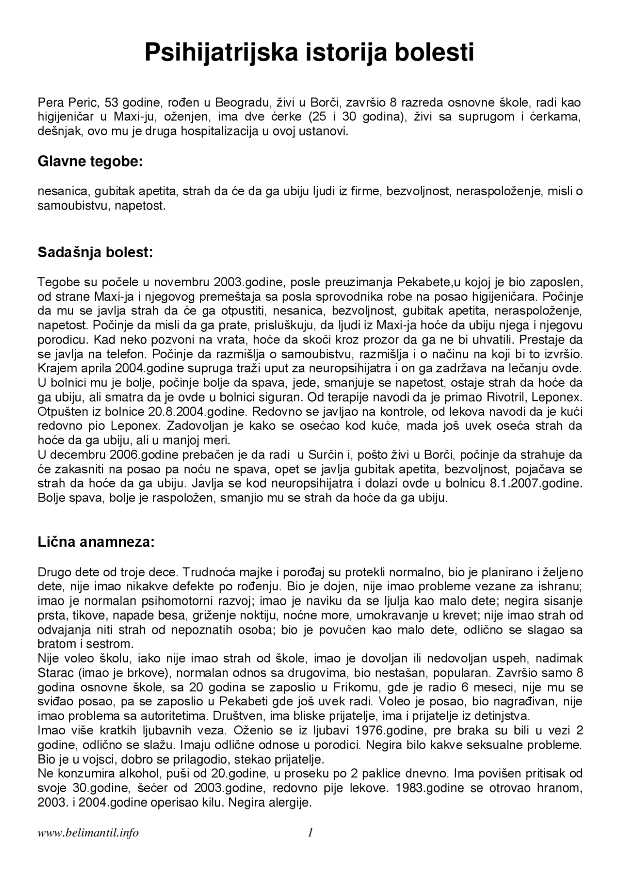 Psihijatrijska Istorija Bolesti Skripte Predlog Psihijatrija Docsity