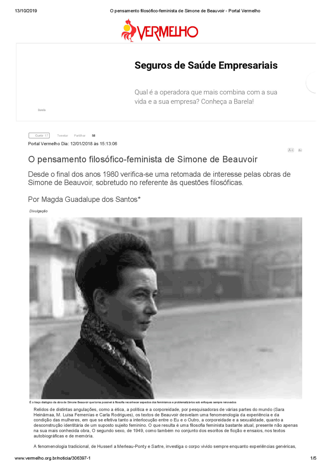 Simone De Beauvoir E O Feminismo Docsity