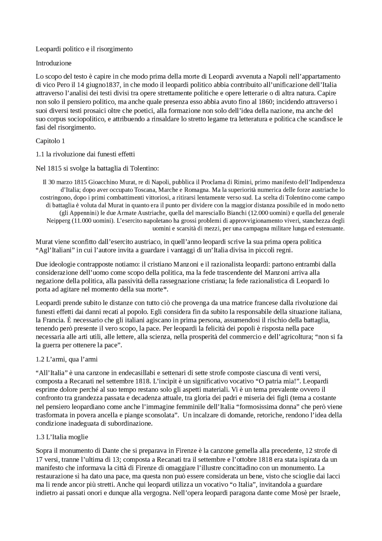 Leopardi politico e il risorgimento - Docsity