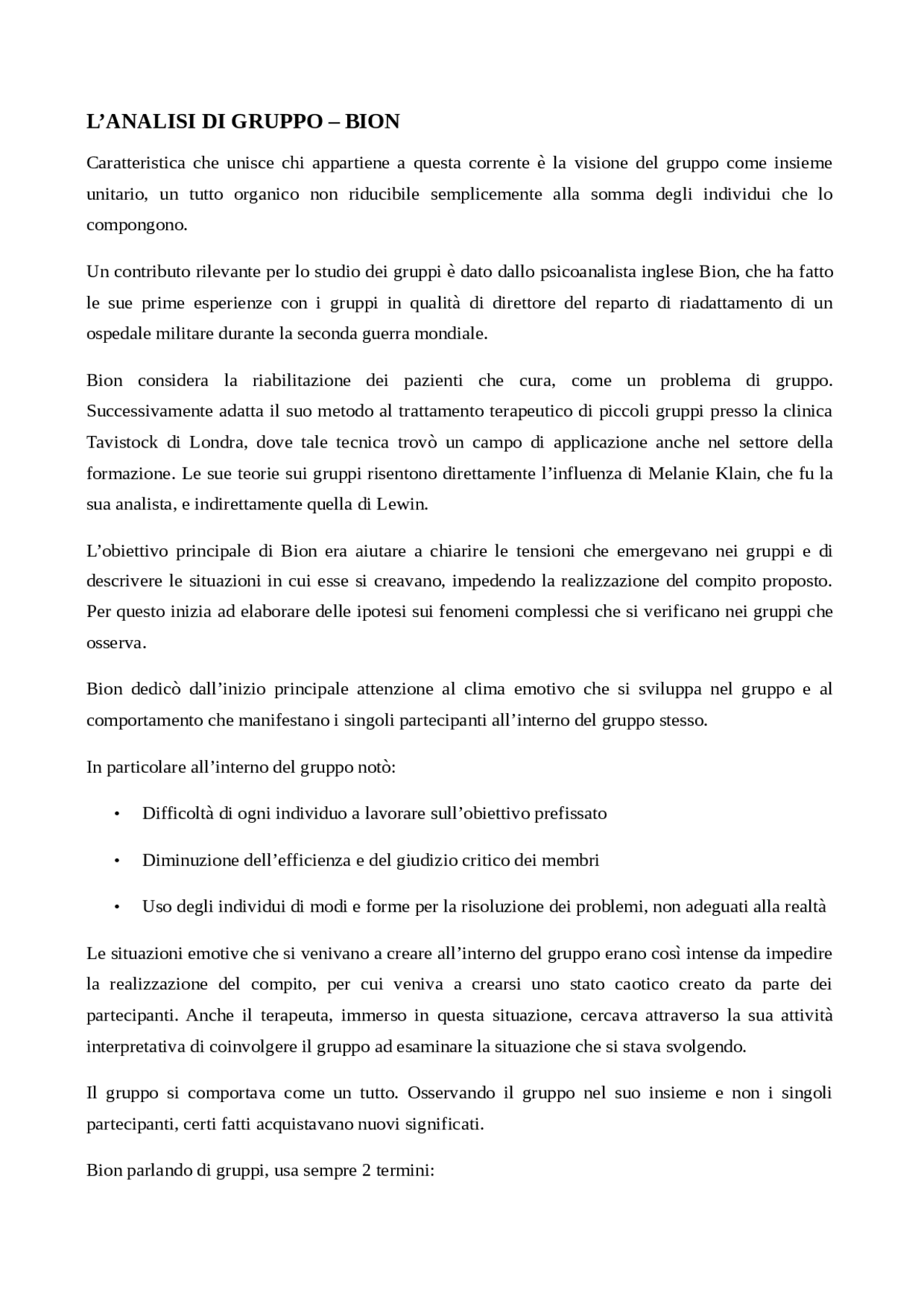 Bion Lanalisi Di Gruppo Docsity