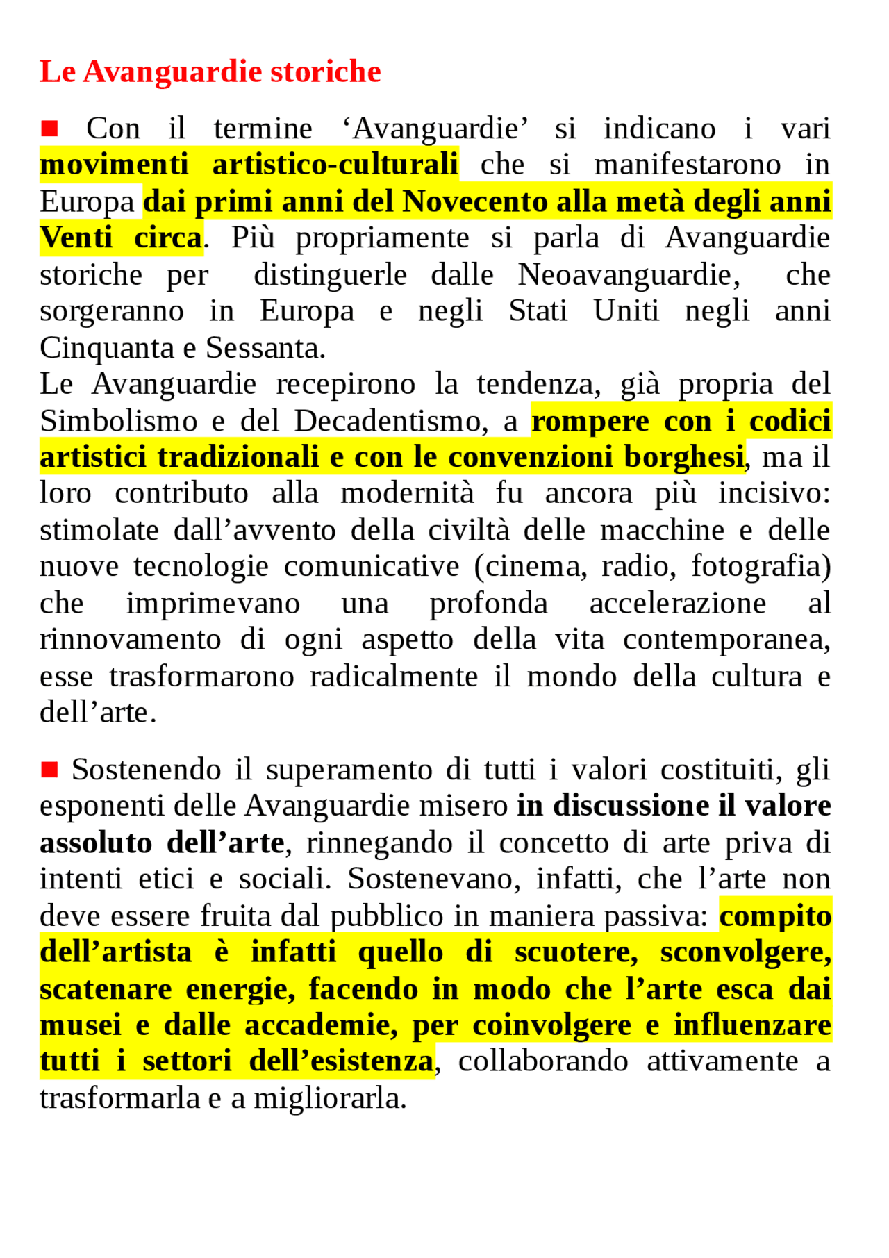 Le Avanguardie Storiche Storia Docsity