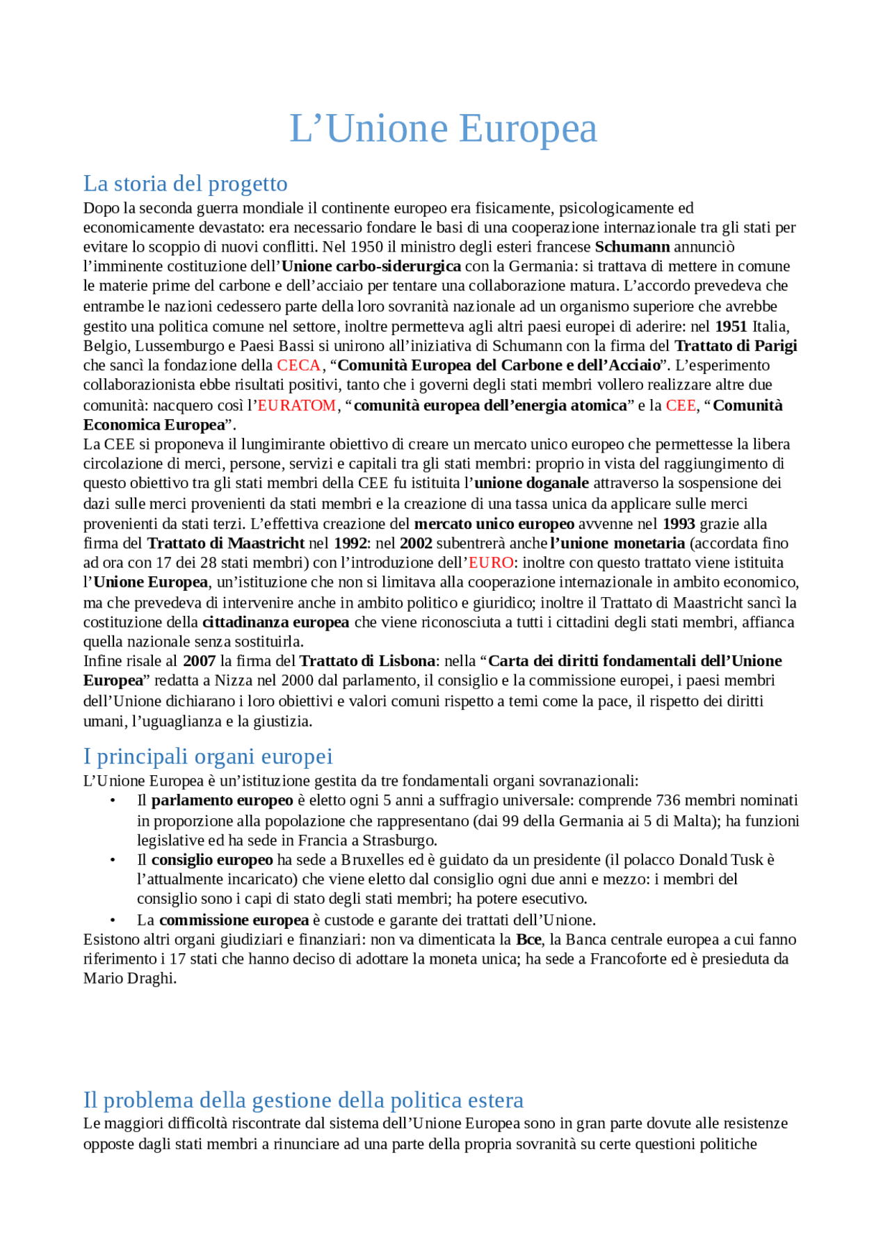 Storia dell'Unione Europea - Docsity