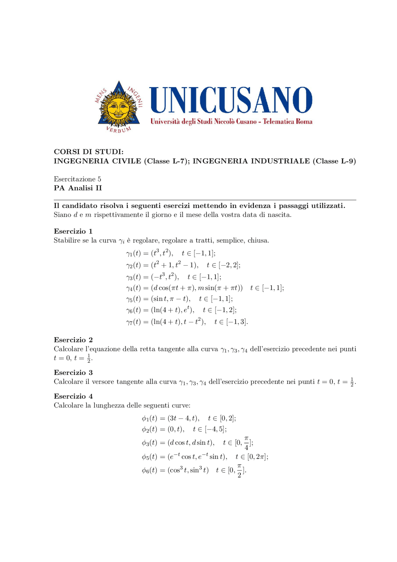 Esercitazione N°5 Di Analisi Ii Prof Marchisio Unicusano Docsity