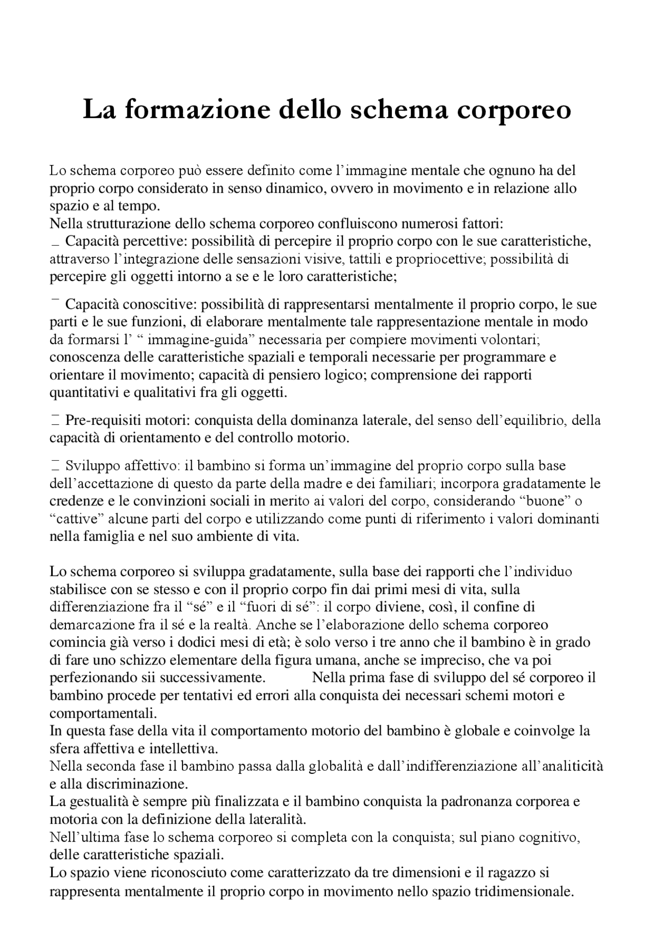 La formazione dello schema corporeo - Docsity