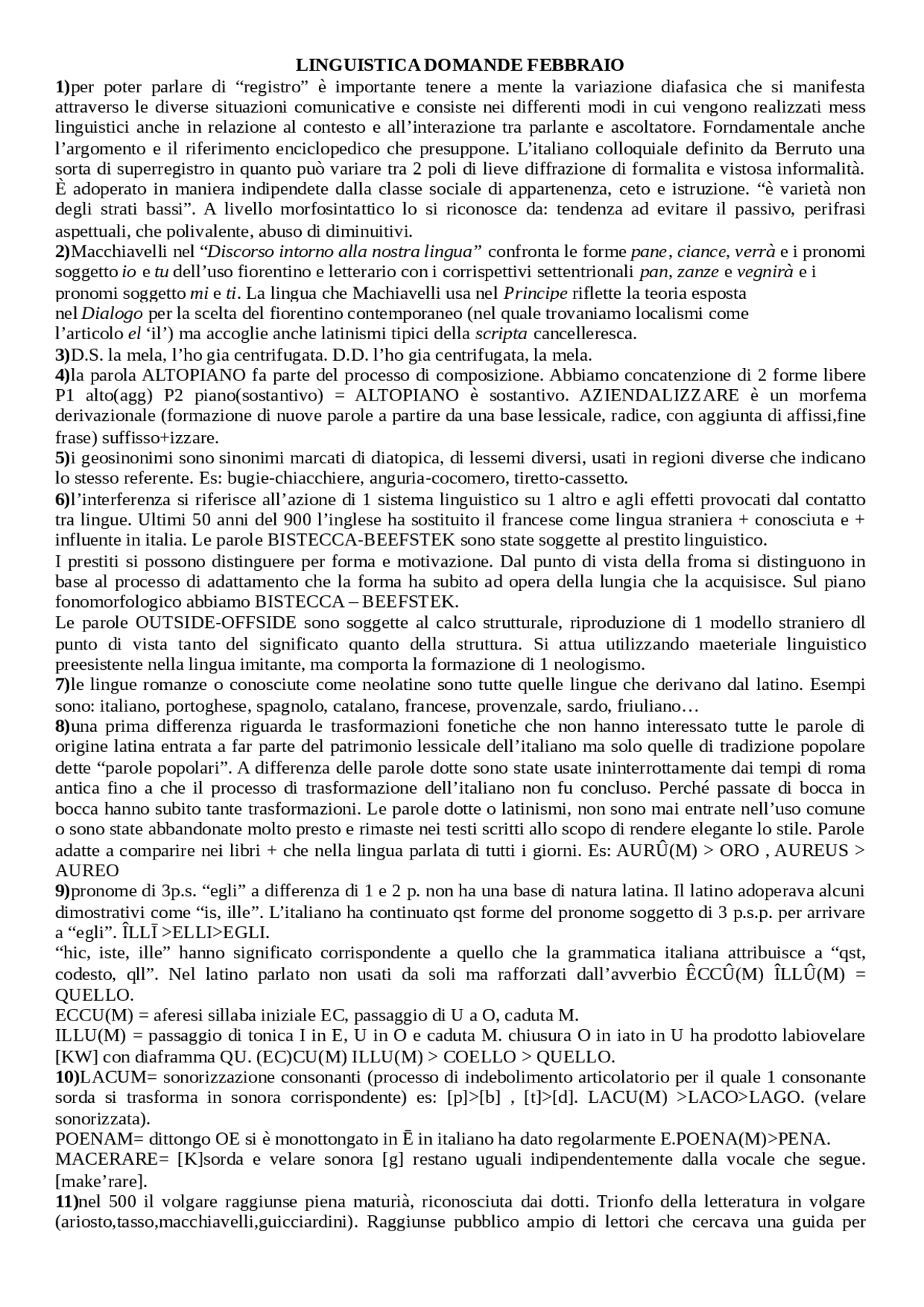 Domande Esame Linguistica Italiana Docsity