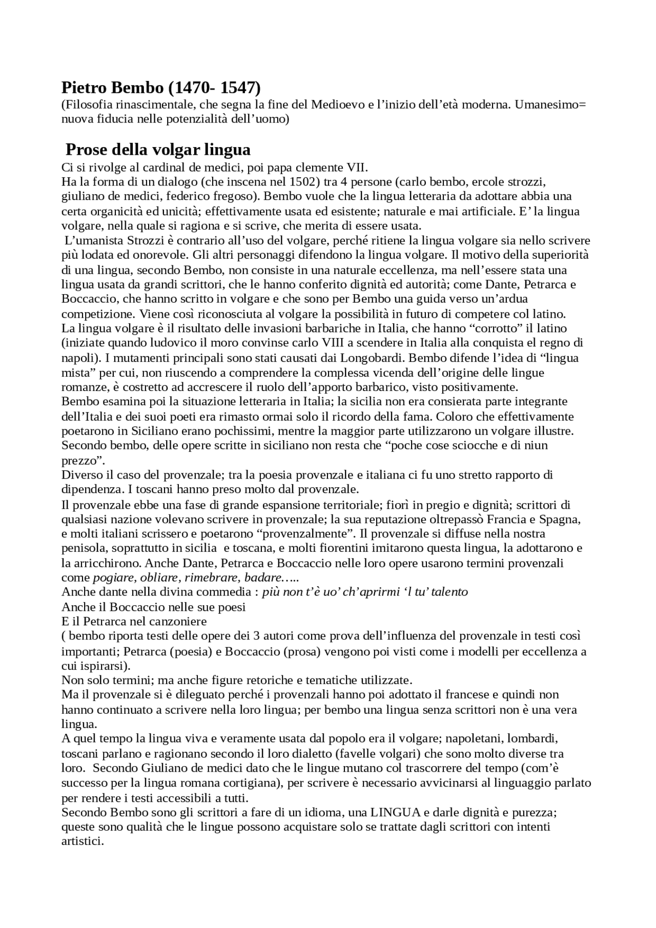 Pietro Bembo Prose Della Volgar Lingua Docsity